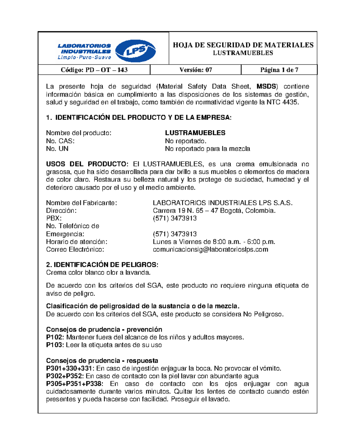 FDS Lustramuebles LPS - LUSTRAMUEBLES Código: PD – OT – 143 Versión: 07 ...