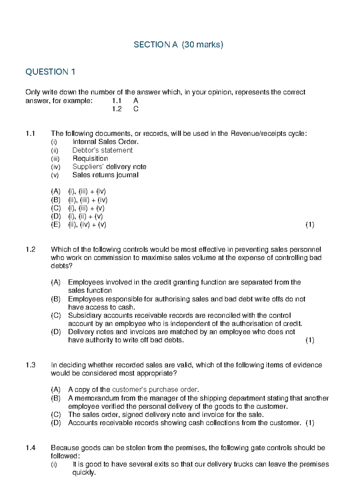Practice Questions 6 August 2024 Copy - SECTION A (30 marks) QUESTION 1 Only write down the ...