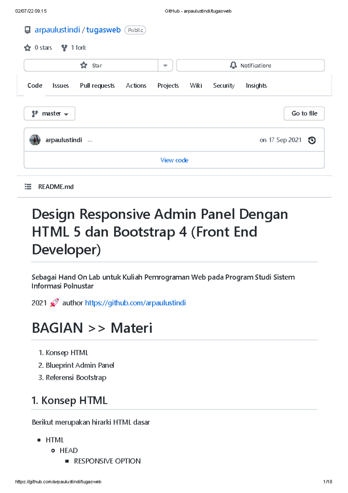 2. Git Hub - arpaulustindi tugasweb - arpaulustindi/ tugasweb Public 0 stars 1 fork View code ...