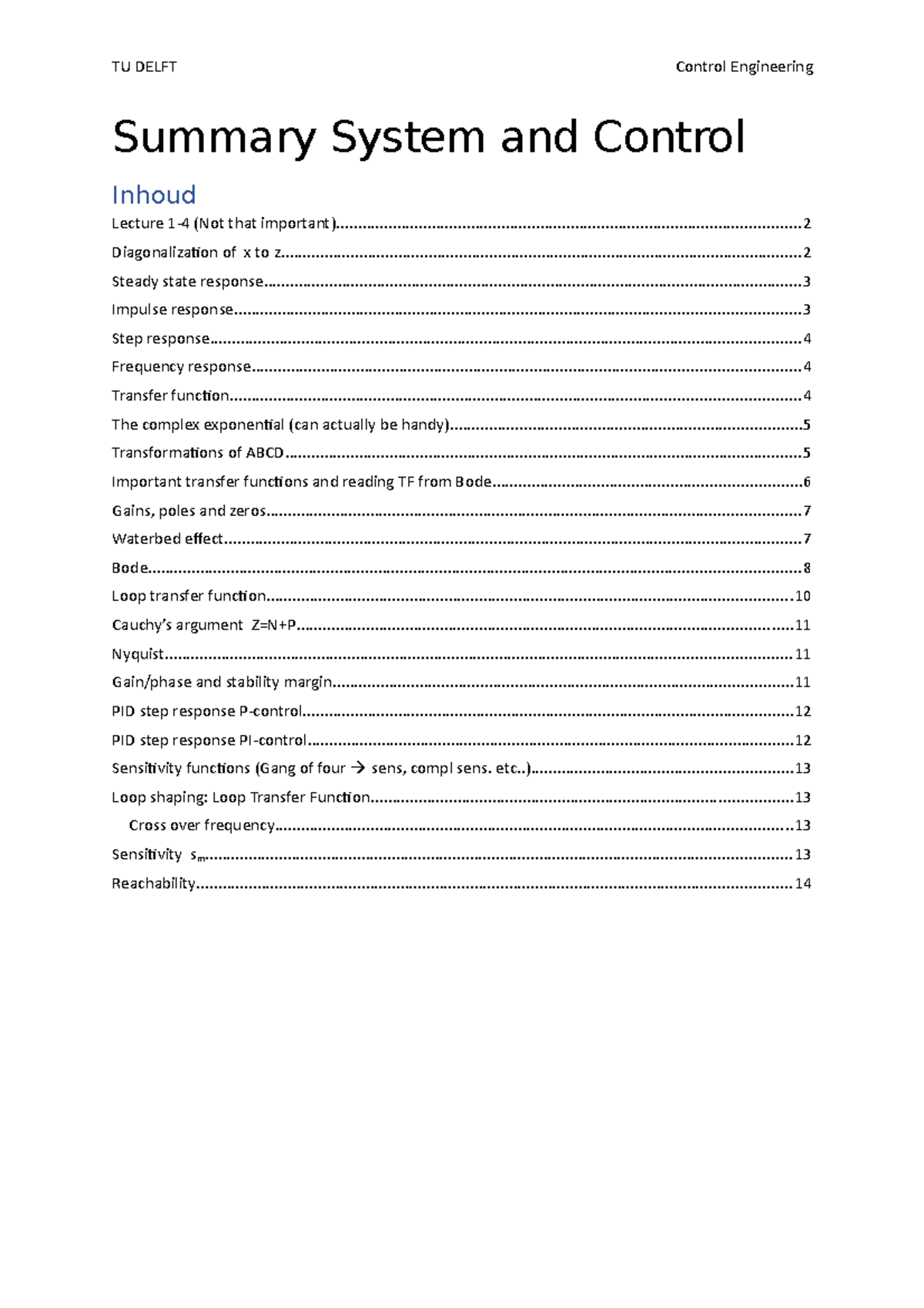 Summary System and Control - Summary System and Control Lecture 1-4 ...