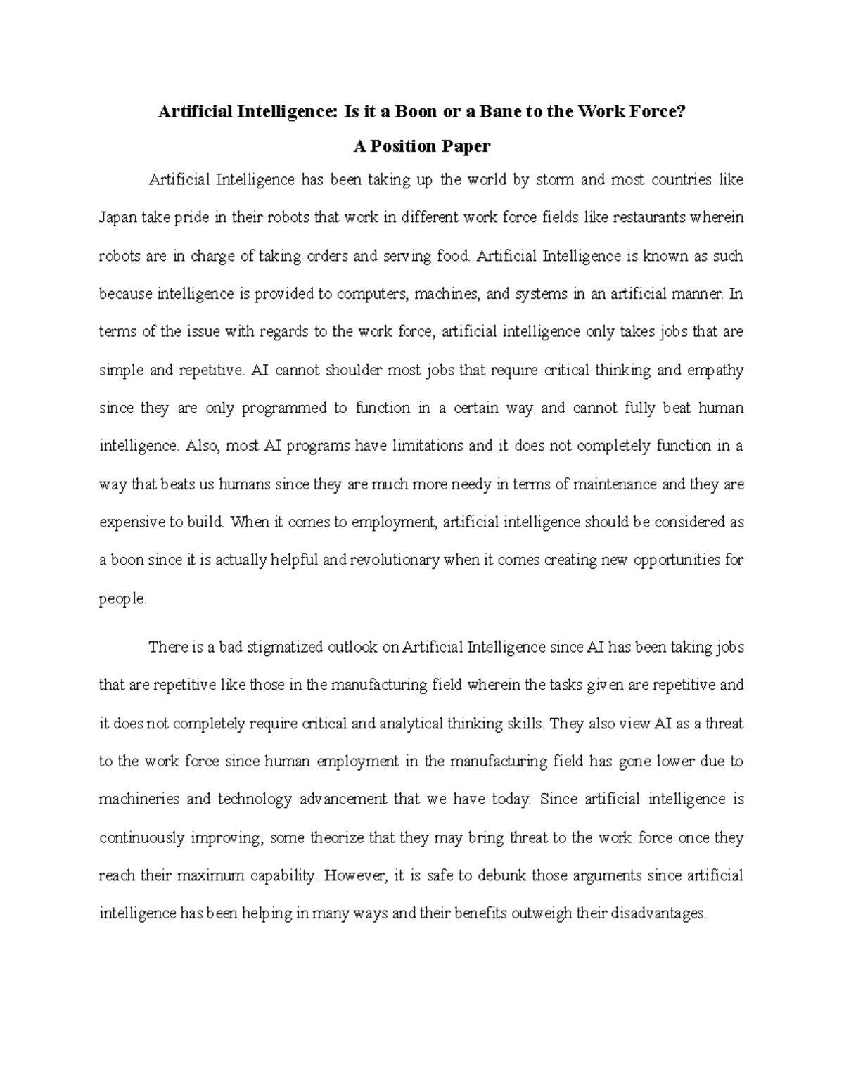 Positionpaper Artificialint - Artificial Intelligence: Is it a Boon or ...