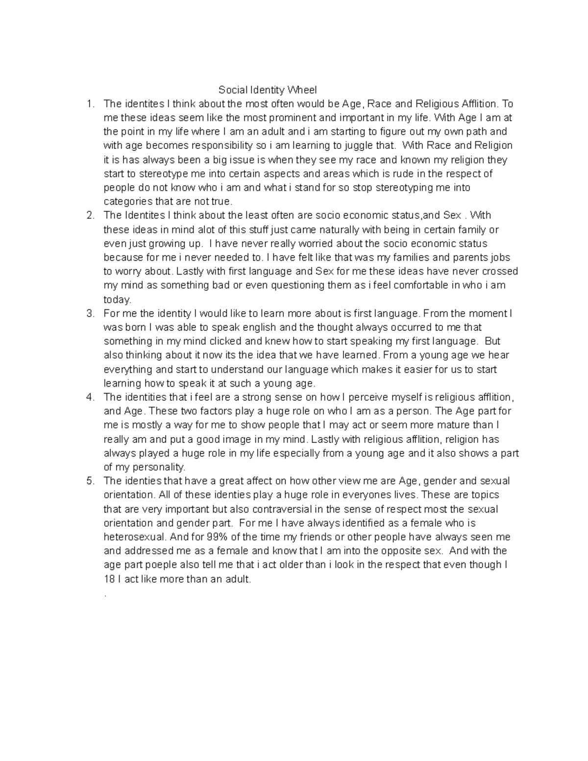 Social Identity Wheel - Assignment - Social Identity Wheel The ...