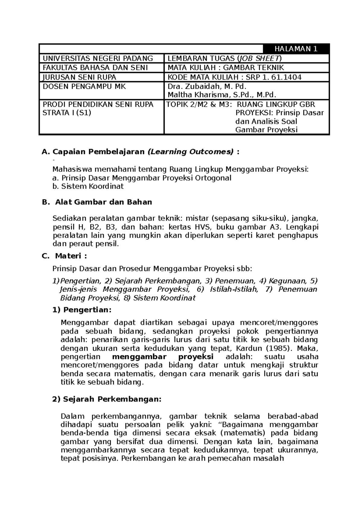 JOB Sheet 2, M2. Ruang Lingkup Gambar Proyeksi - HALAMAN 1 UNIVERSITAS ...