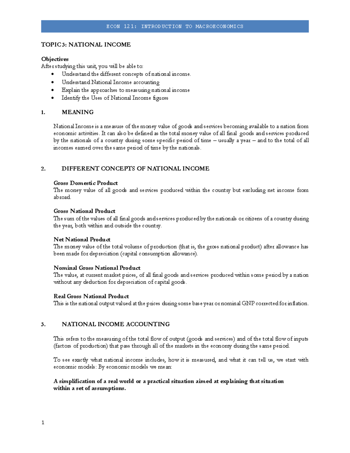 Topic 3 National Income - TOPIC 3: NATIONAL INCOME Objectives After ...