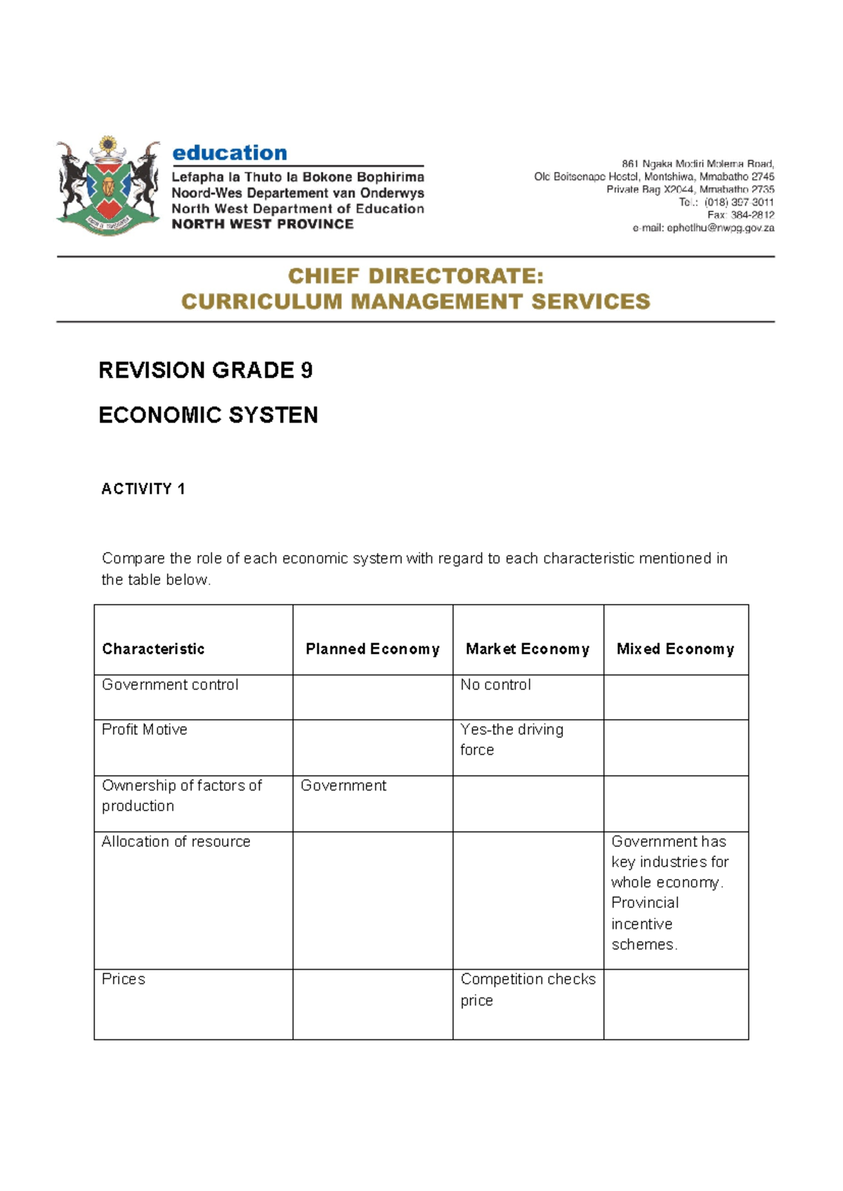 Economic System Revision Grade 9 - REVISION GRADE 9 ECONOMIC SYSTEN ...