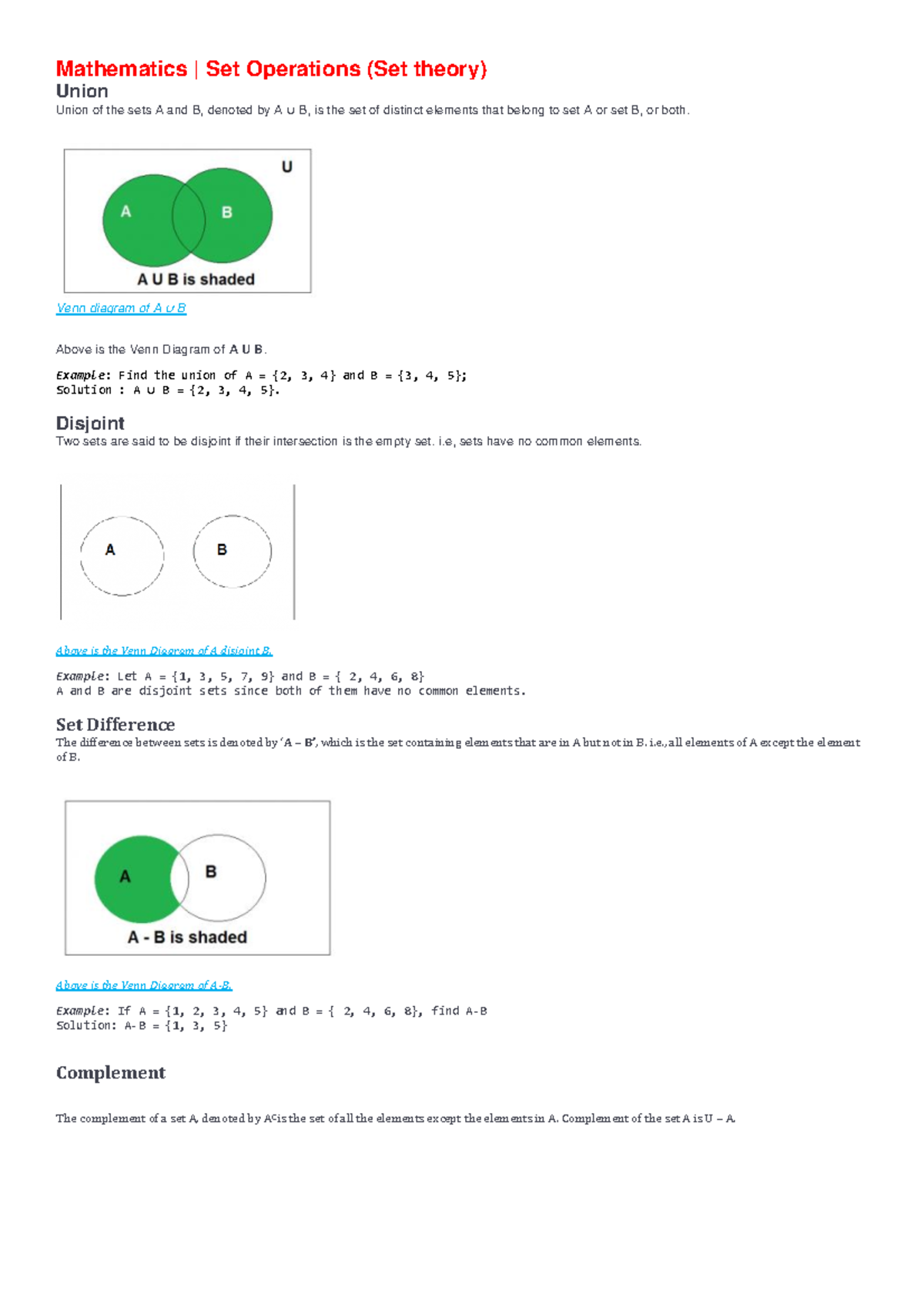 Probability 02 - summary - Mathematics | Set Operations (Set theory) Union Union of the sets A ...