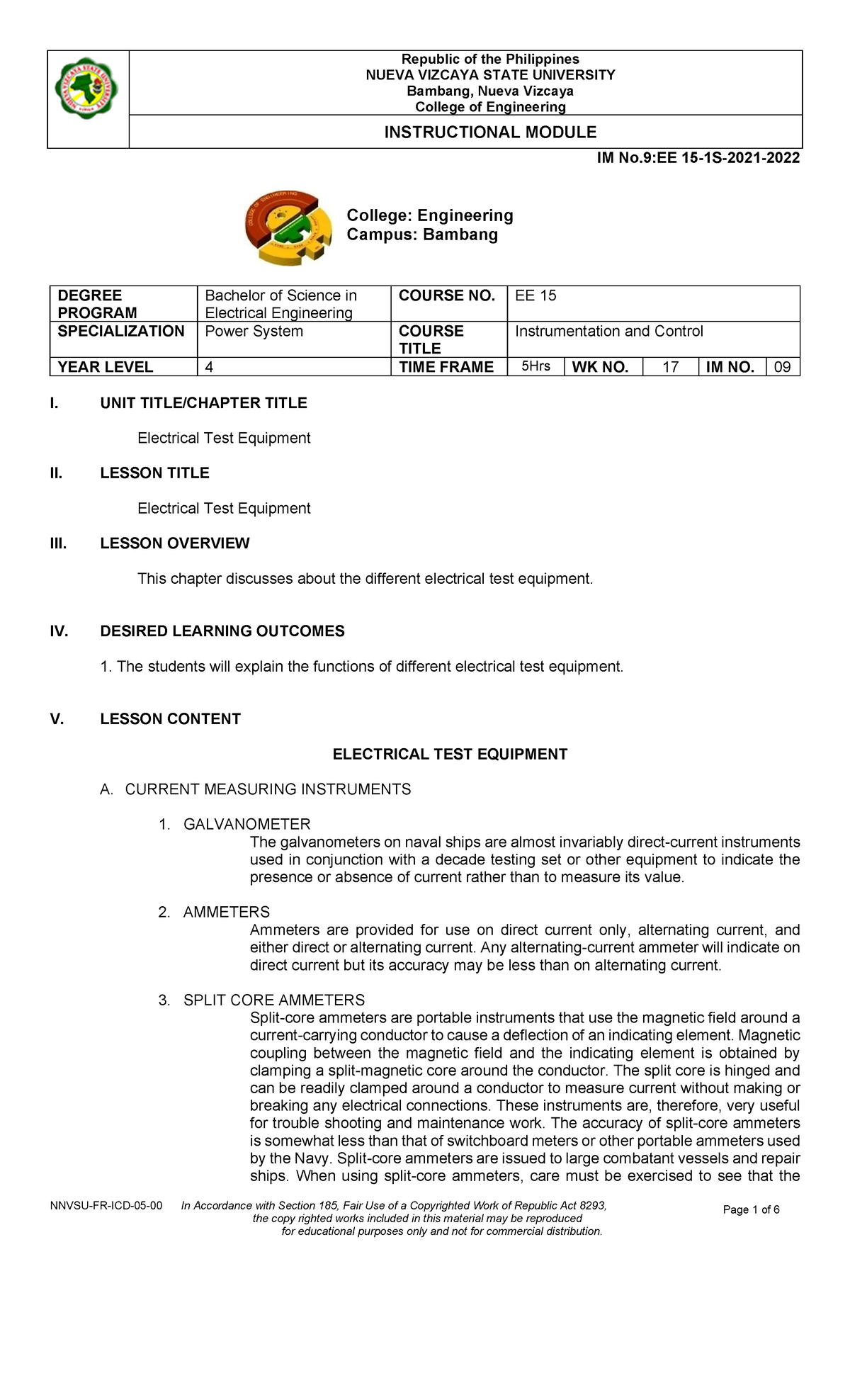Instru - MOD9 - NUEVA VIZCAYA STATE UNIVERSITY Bambang, Nueva Vizcaya College of Engineering ...