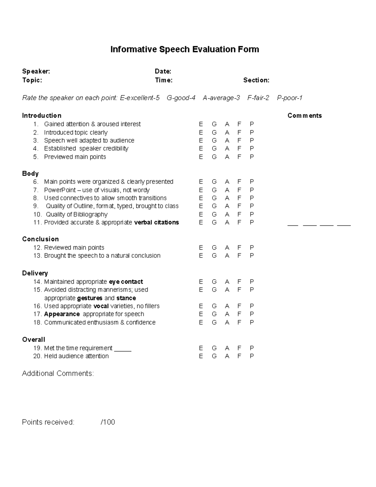 Informative Speech Evaluation Form- Denise Corr - Informative Speech ...