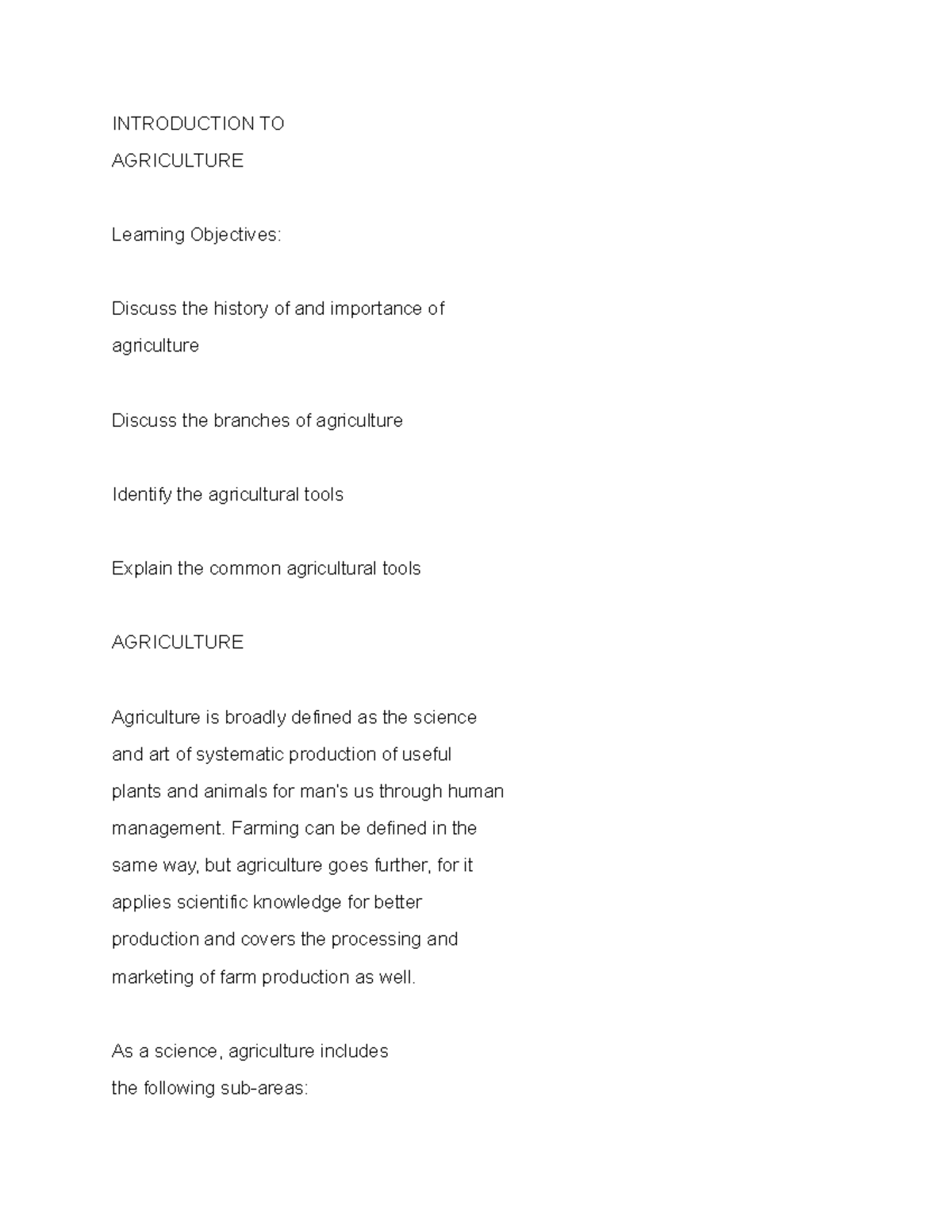 Introduction TO Agriculture - INTRODUCTION TO AGRICULTURE Learning ...