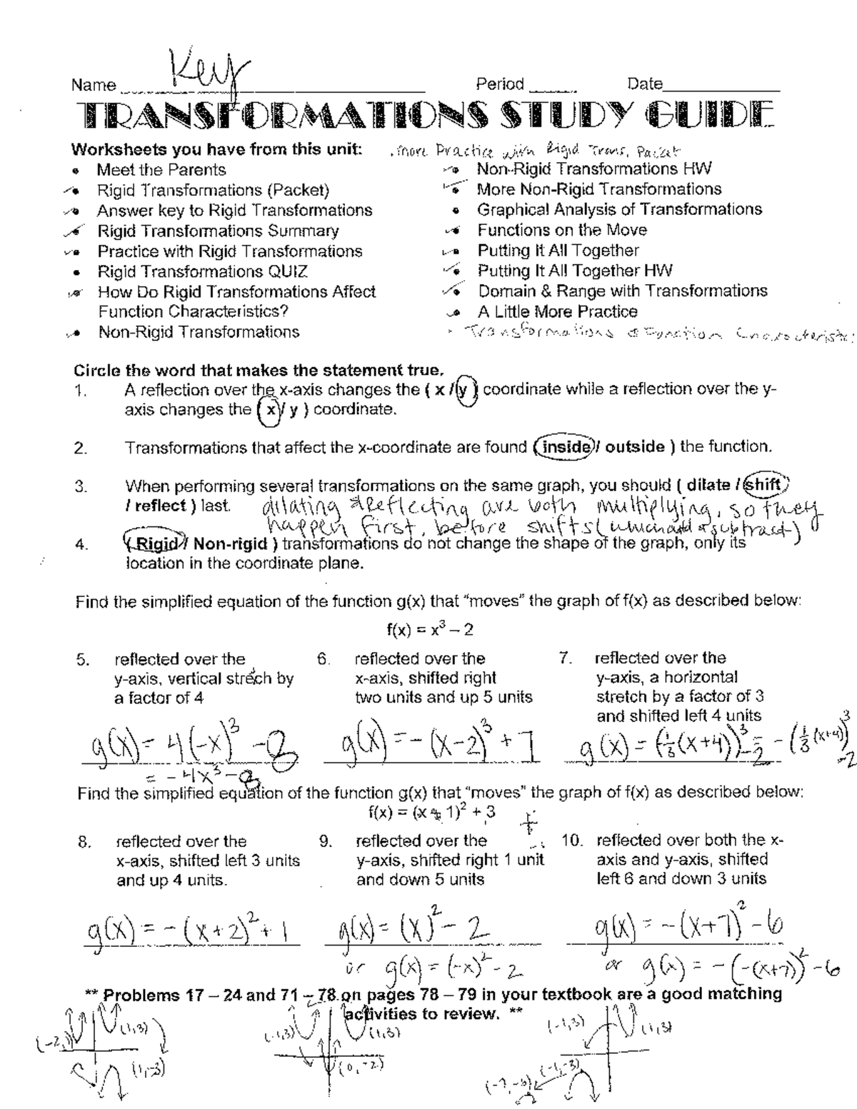 Transformations Study Guide - KEY - Name Key Period Date TRANSFORMAATIONS STUDY GUIDE Worksheets ...