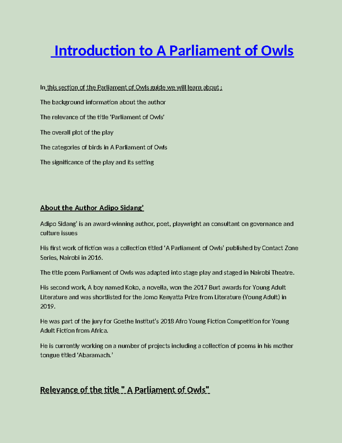 A Parliament OF OWLS( Comprehensive Guide-2024 - Introduction to A ...