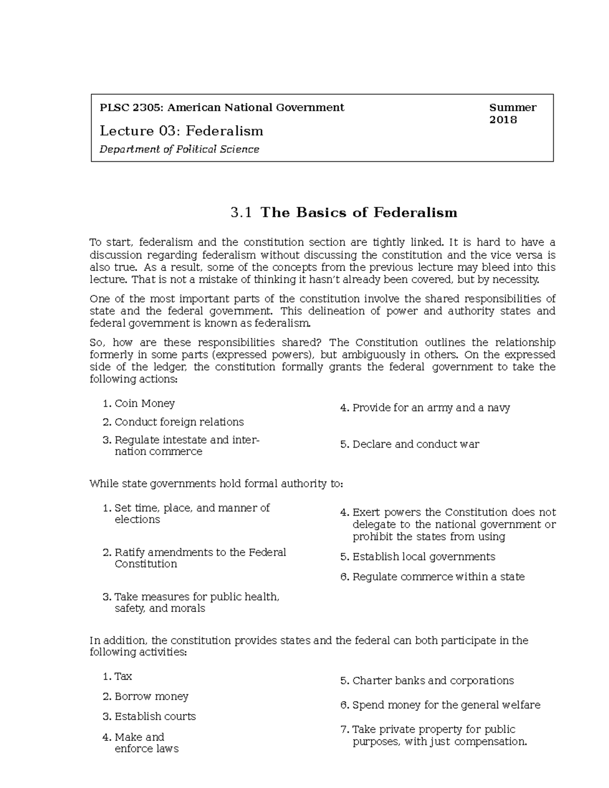 Lect 03 Notes Federalism ADA - 3 The Basics of Federalism To start ...