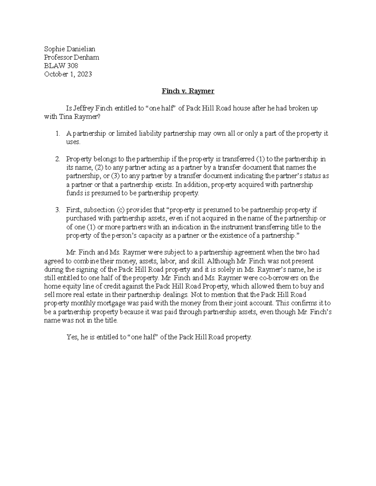 Finch v. Raymer Sophie Danielian - Sophie Danielian Professor Denham ...