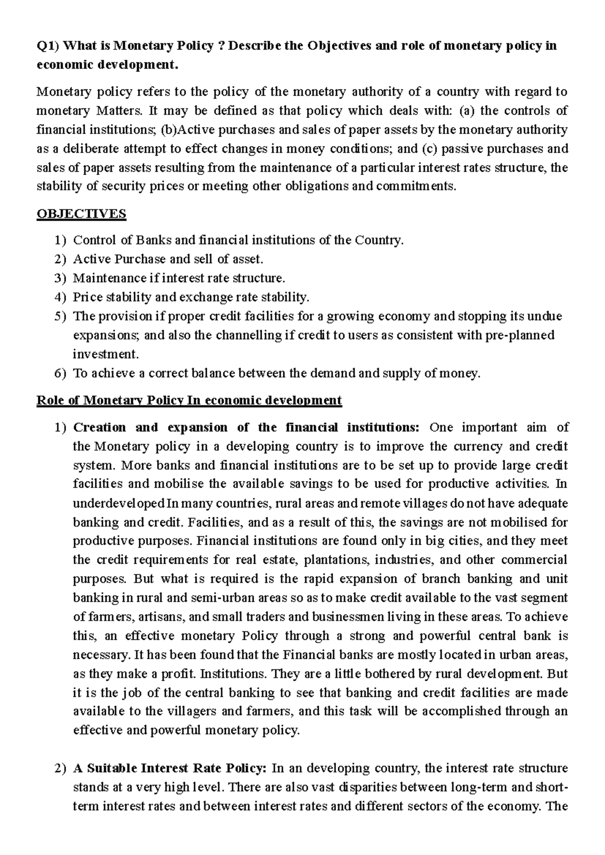 GD module 4 - Summary Economics of growth and development - Q1) What is Monetary Policy ...