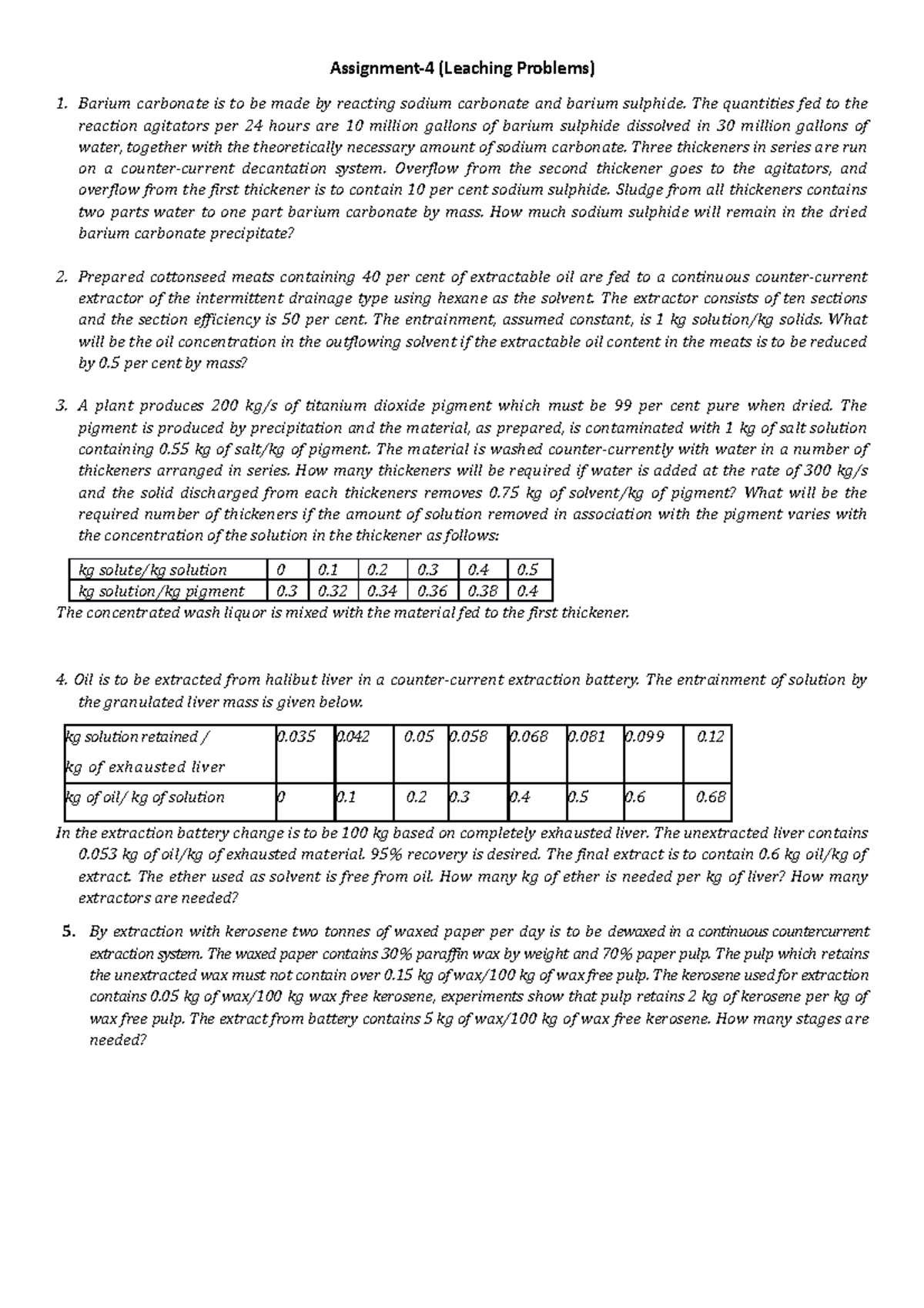 Assignment 4 Leaching Probs - Assignment-4 (Leaching Problems) 1. Barium carbonate is to be made ...