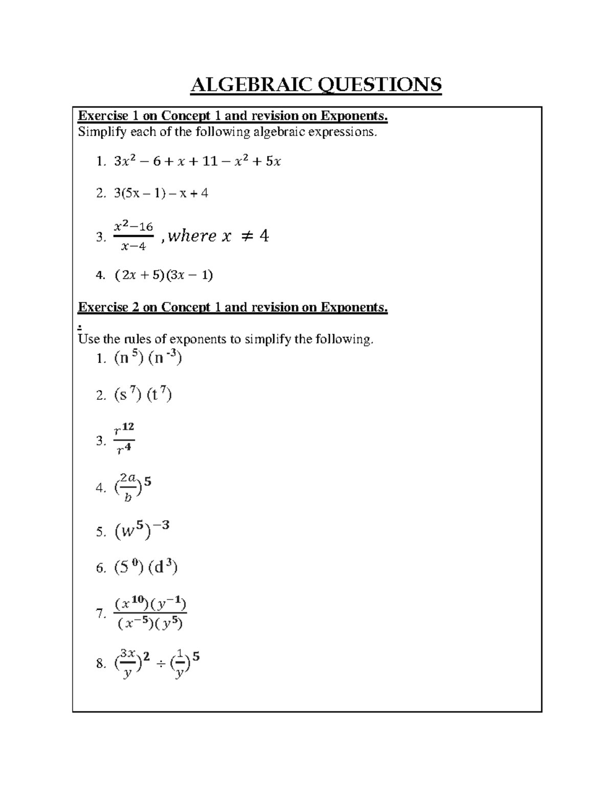 Algebra- Material-EX - for studies - ALGEBRAIC QUESTIONS Exercise 1 on ...