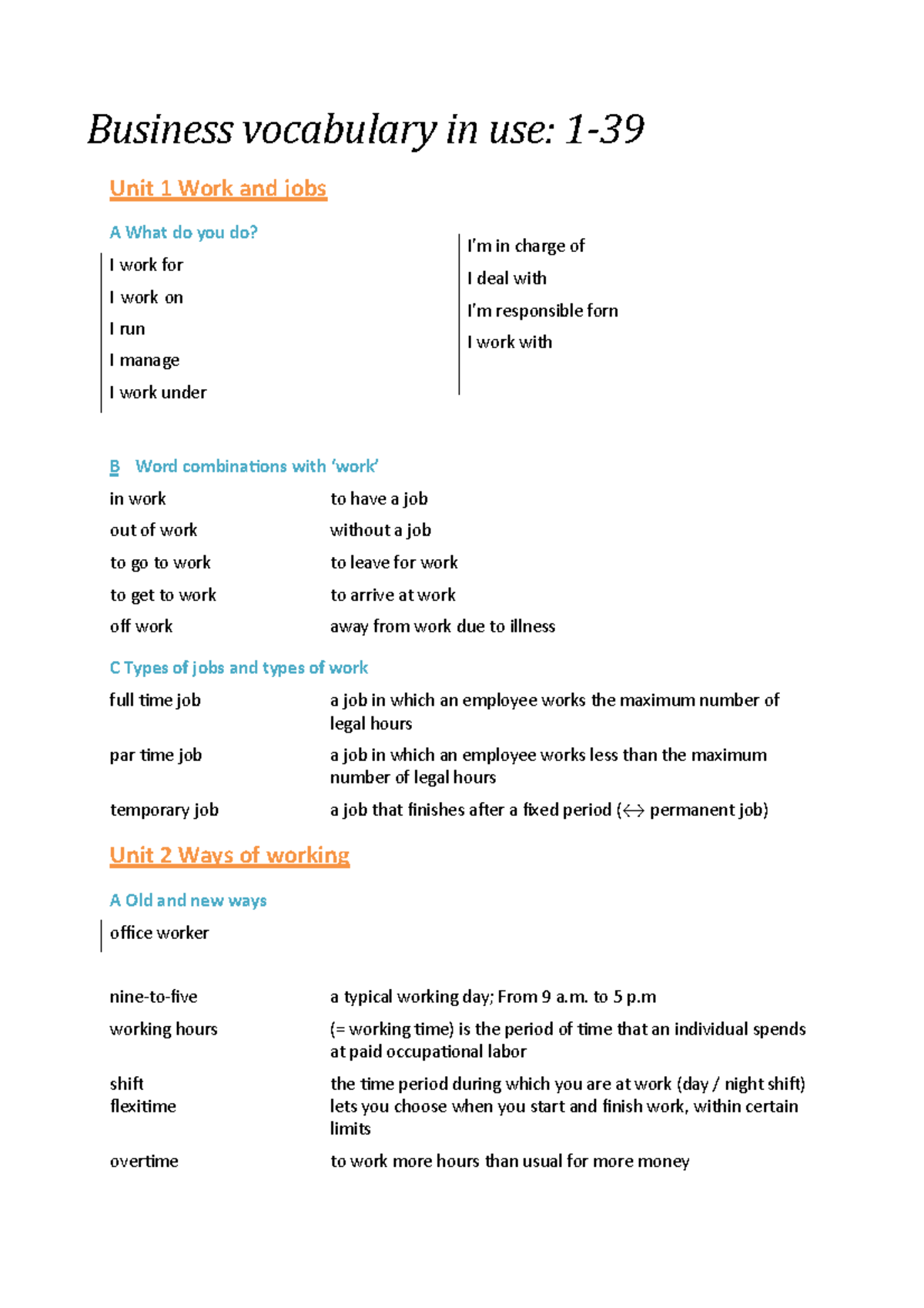 Business Vocabulary 1-39 - Business vocabulary in use: 1- Unit 1 Work ...