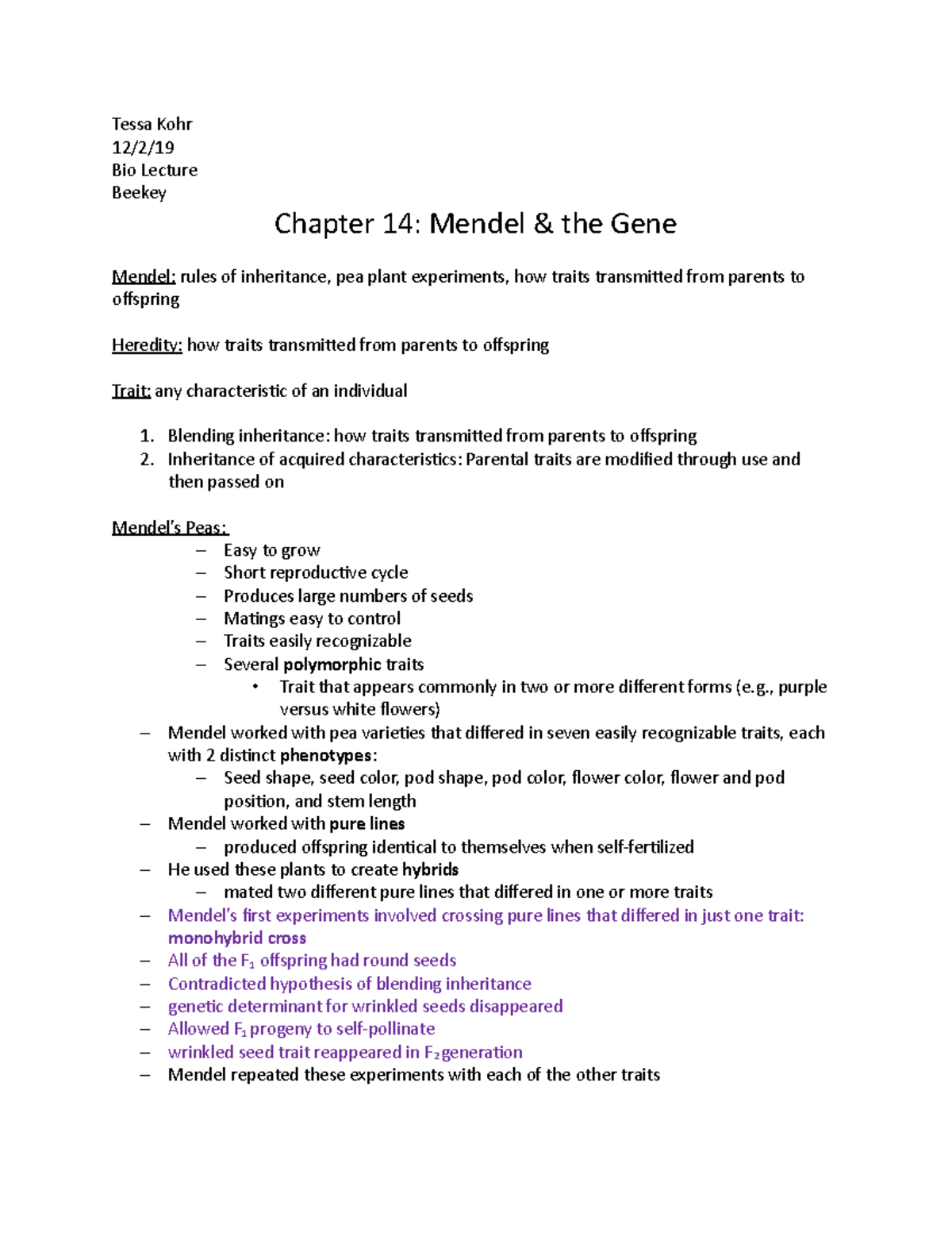 Chapter 14 - Tessa Kohr 12/2/ Bio Lecture Beekey Chapter 14: Mendel ...