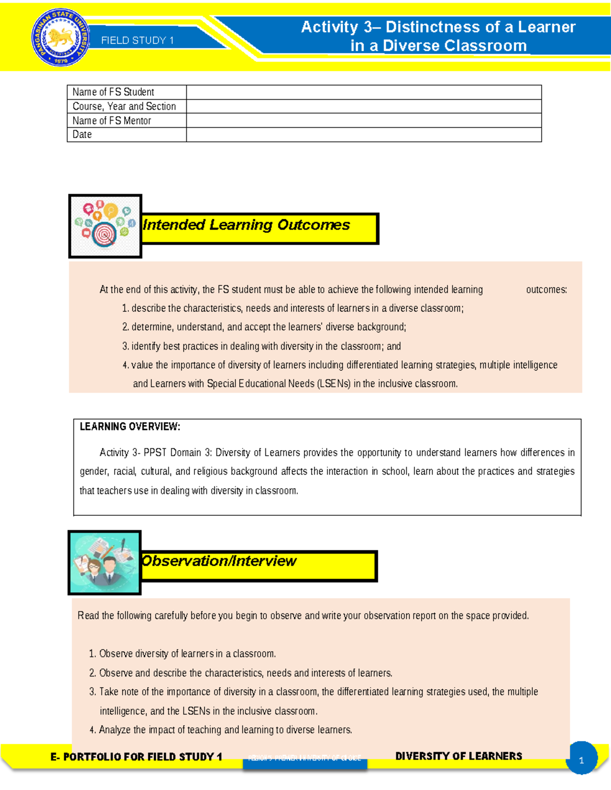 FS1-Activity-3 - FIELD STUDY 1 in a Diverse Classroom 1 E- PORTFOLIO ...