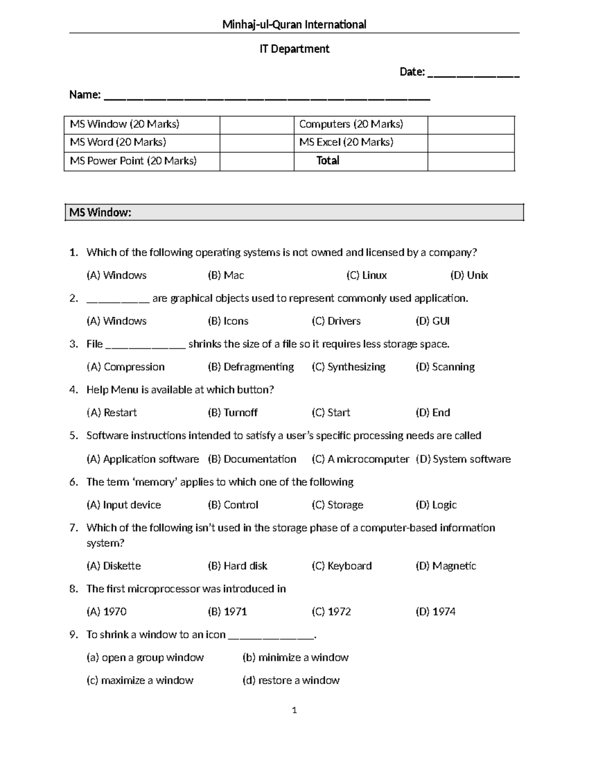 Updated Test Paper - abc - IT Department Date: ________________ Name ...
