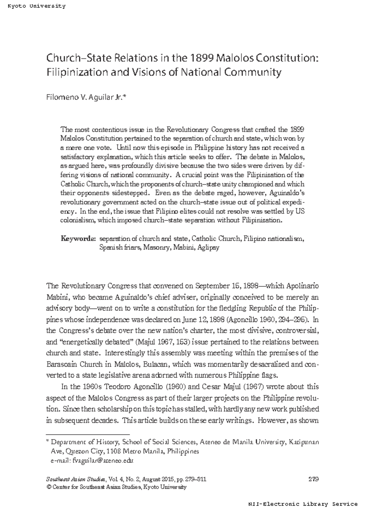 Filomeno Aguilar “Church-State Relations in the 1899 Malolos ...