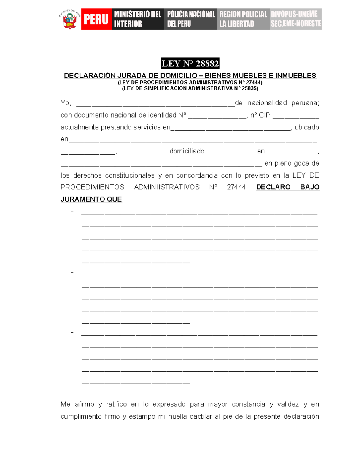 Declaracion Jurada - formatos - LEY N° 28882 DECLARACIÓN JURADA DE DOMICILIO – BIENES MUEBLES E ...