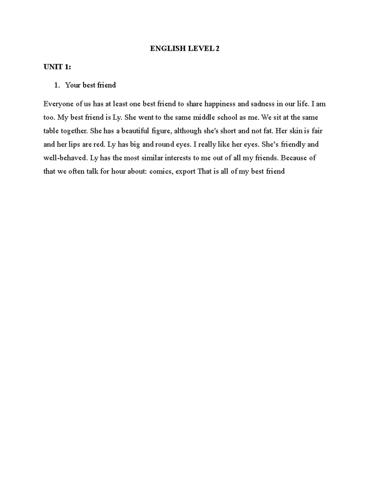 English Level 2 - Tacb2 - ENGLISH LEVEL 2 UNIT 1: Your best friend ...