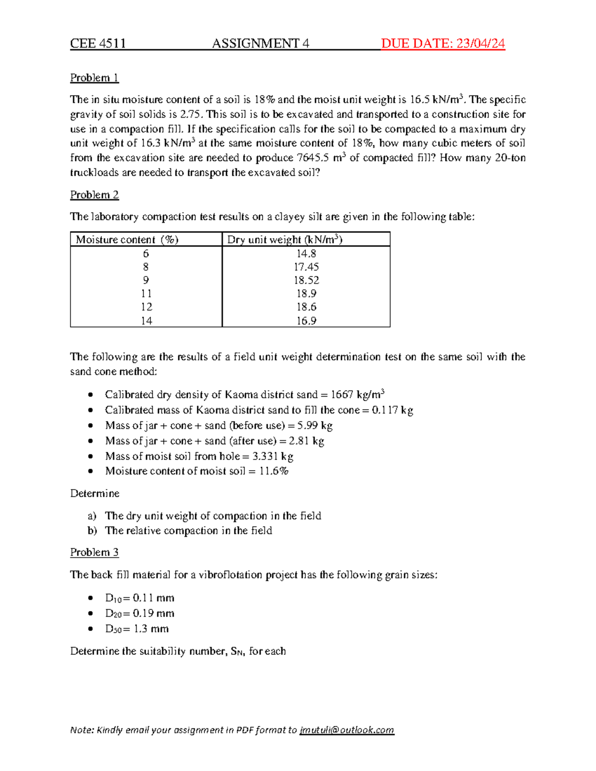 CEE 4511 Assignment 4 - CEE 4511 ASSIGNMENT 4 DUE DATE: 23 /04/2 4 Note ...