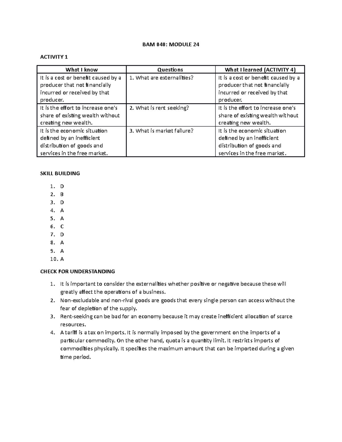 BAM 040 - Module 24 - BAM 040: MODULE 24 ACTIVITY 1 What I know ...