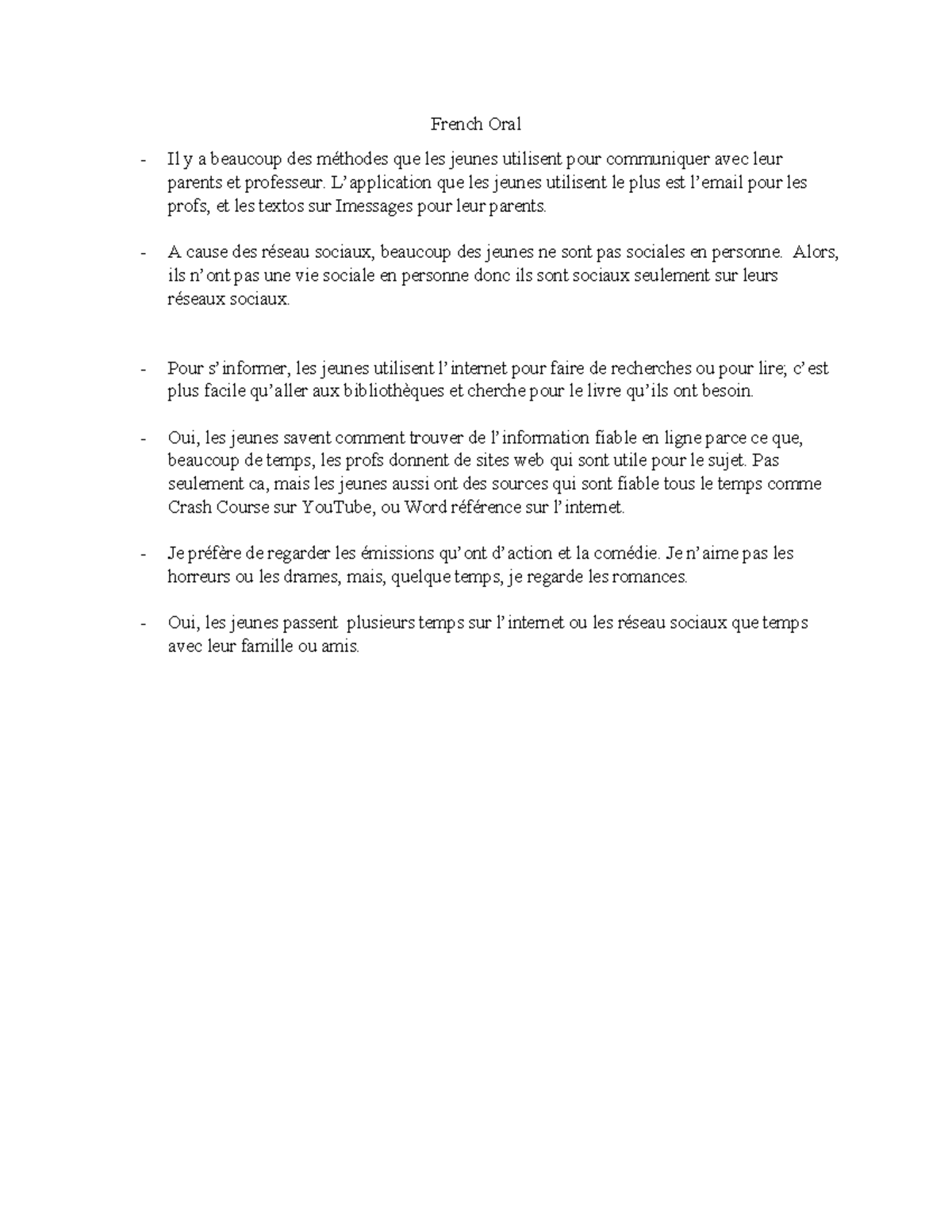 French Oral - Oral Notes - French Oral Il y a beaucoup des méthodes que ...