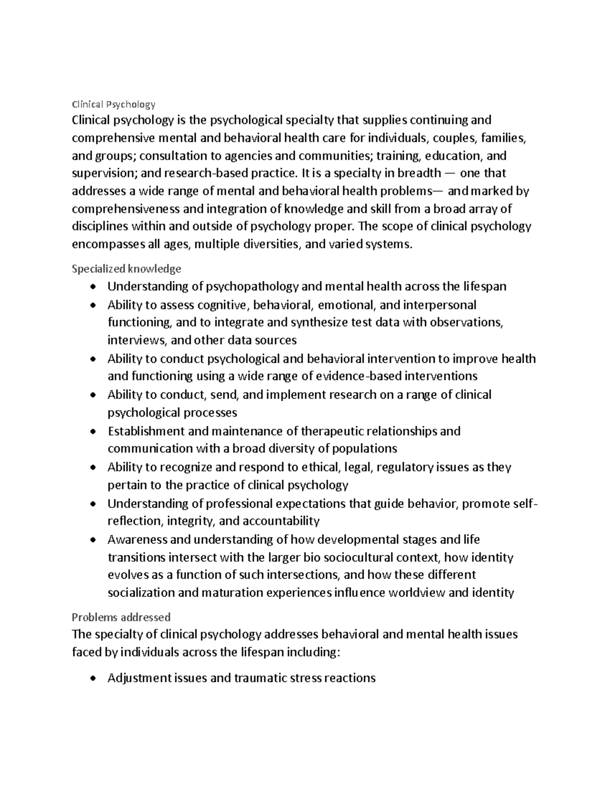 Clinical Psyc notes - Clinical Psychology Clinical psychology is the ...