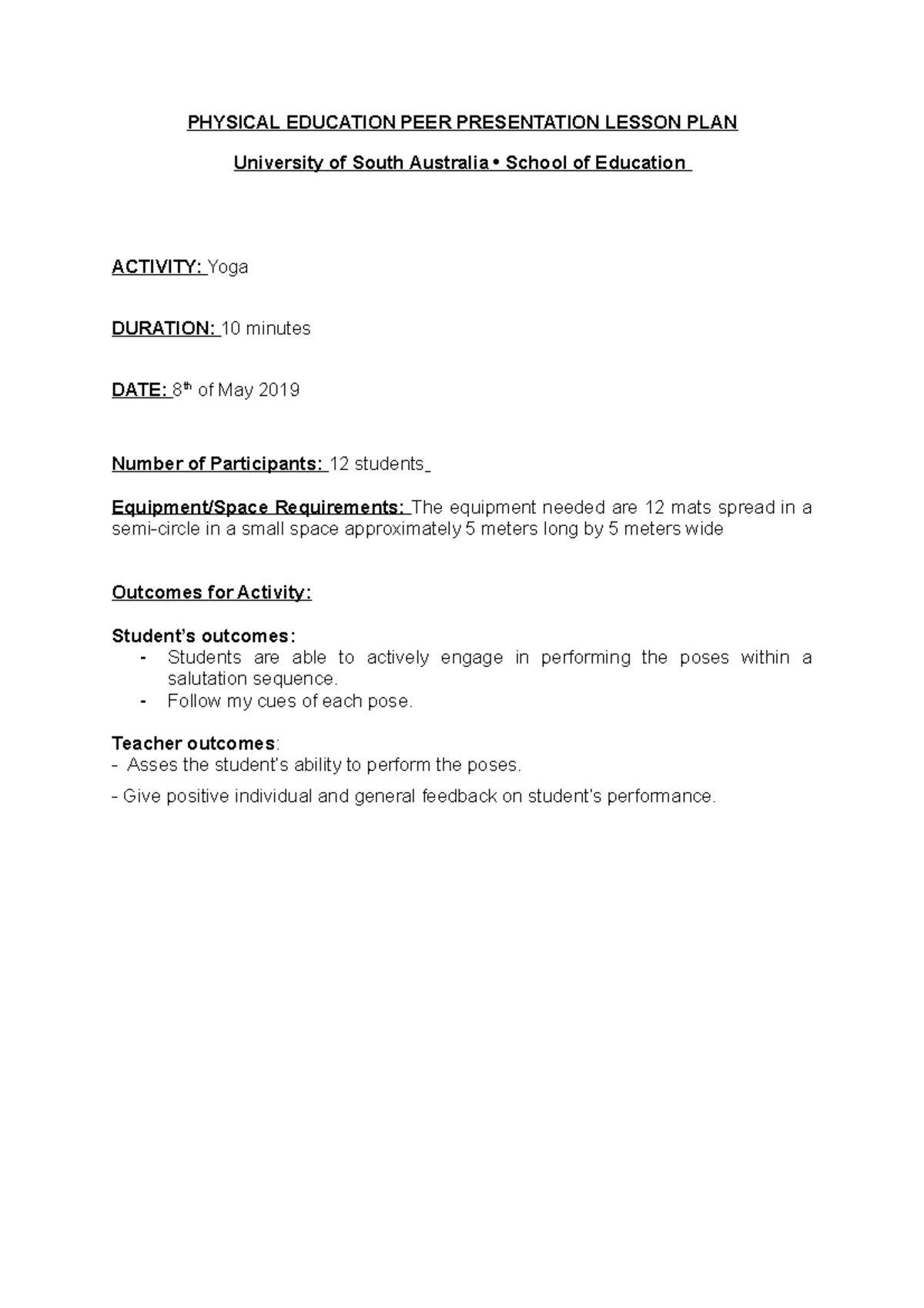 PEER Presentation Plan Evaluation - PHYSICAL EDUCATION PEER ...