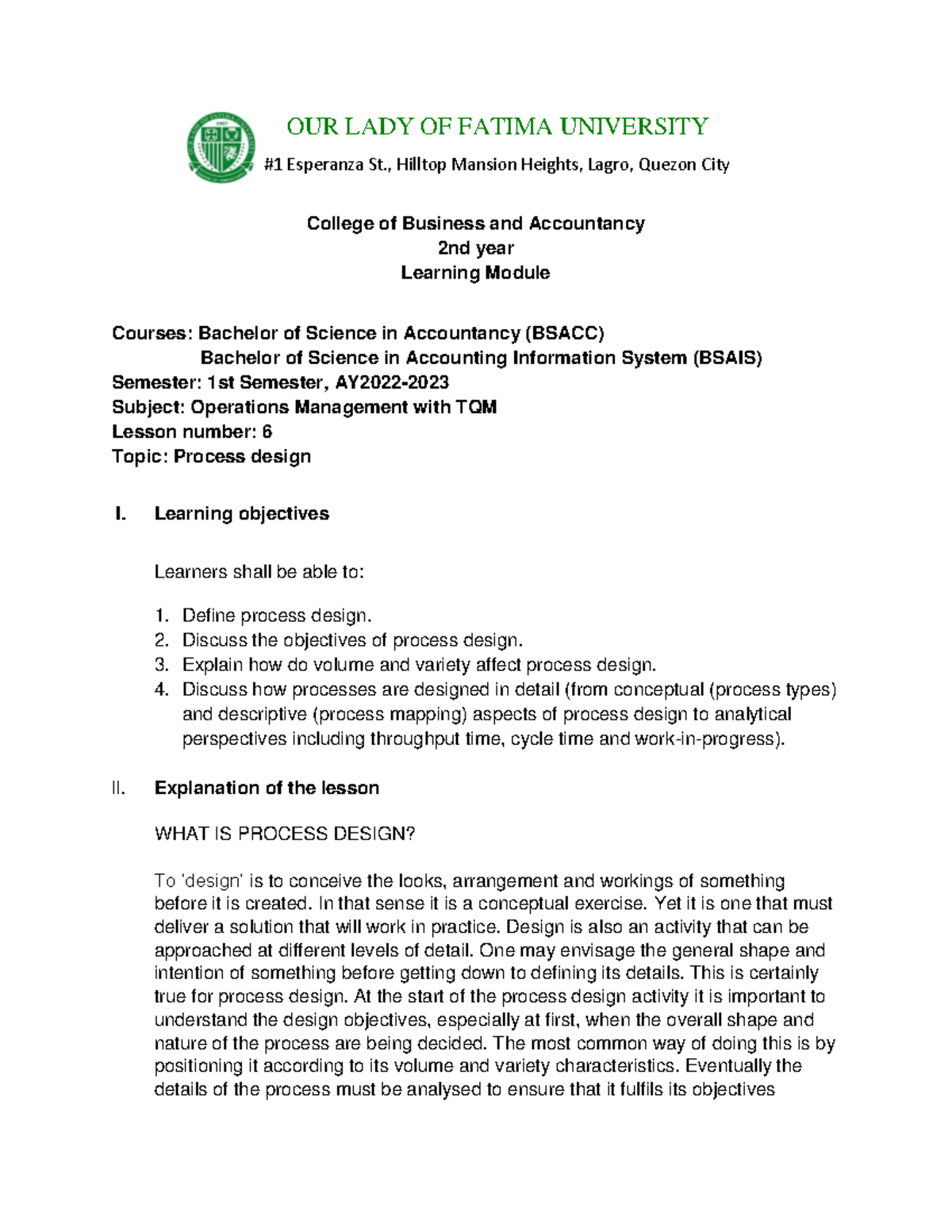 OLFU-Operations Management with TQM-LM Lesson 6 for Canvas - OUR LADY ...