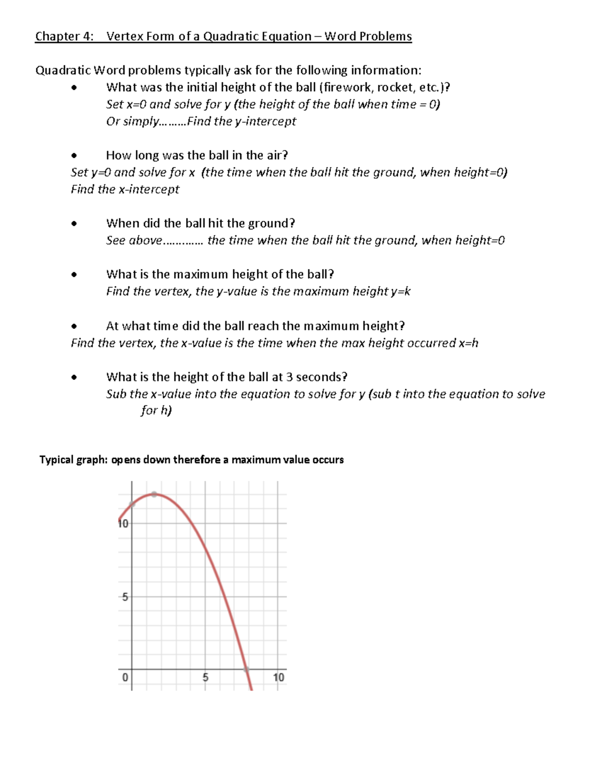 Word problems and solutions - Chapter 4: Vertex Form of a Quadratic ...