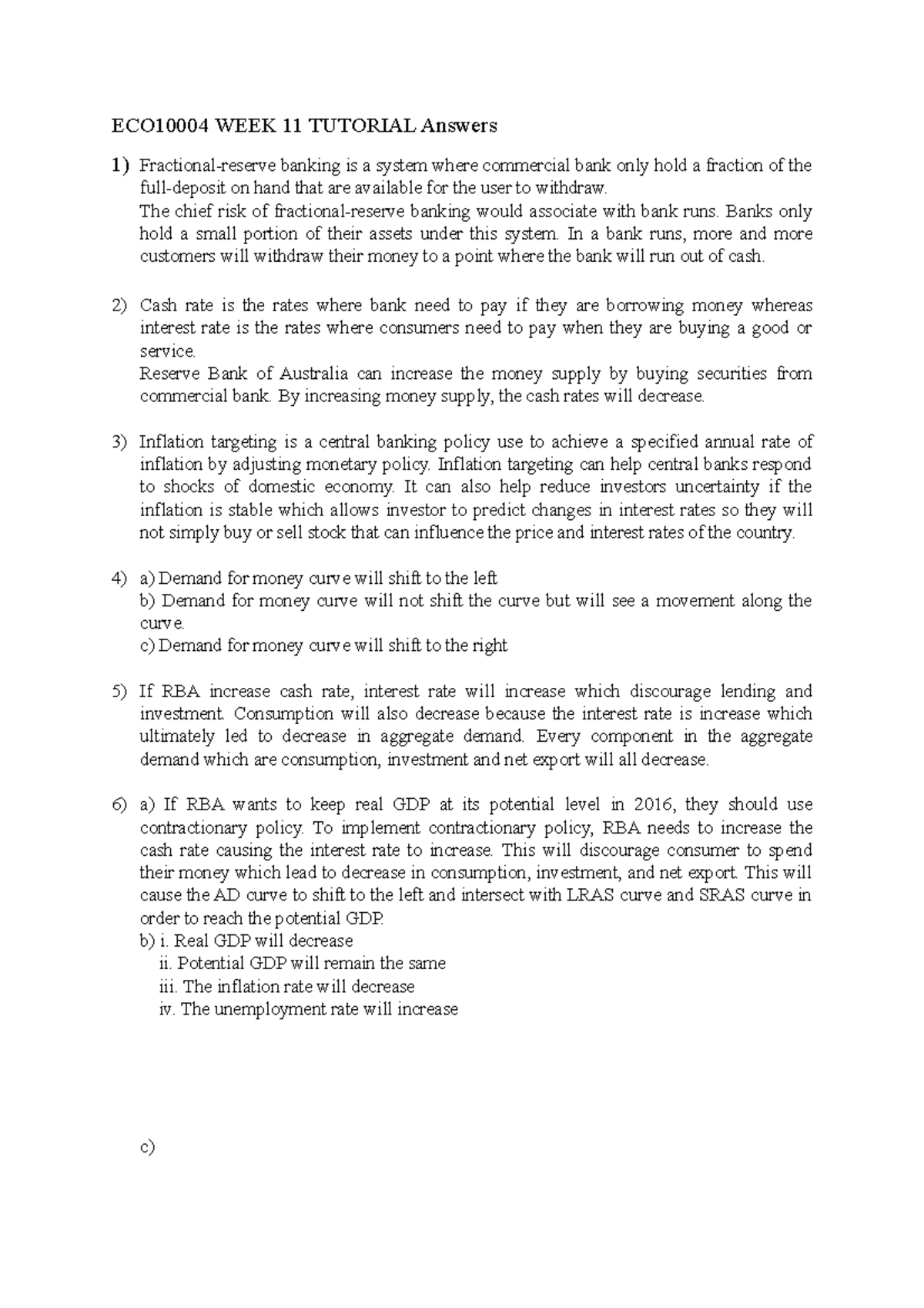 ECO10004 WEEK 11 Tutorial Answers - ECO10004 WEEK 11 TUTORIAL Answers 1 ...
