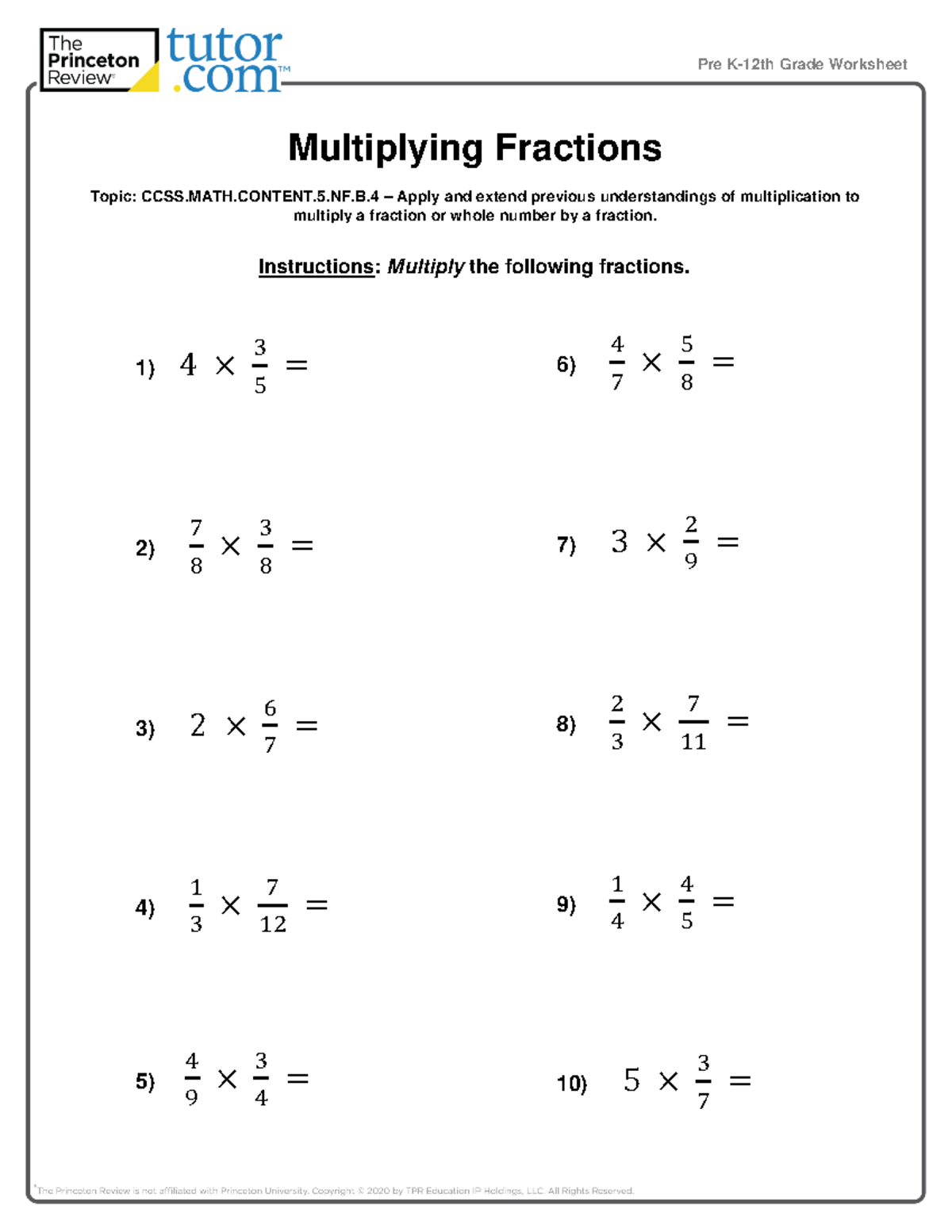 5th Grade Multiplying Fractions - Pre K-12th Grade Worksheet ...