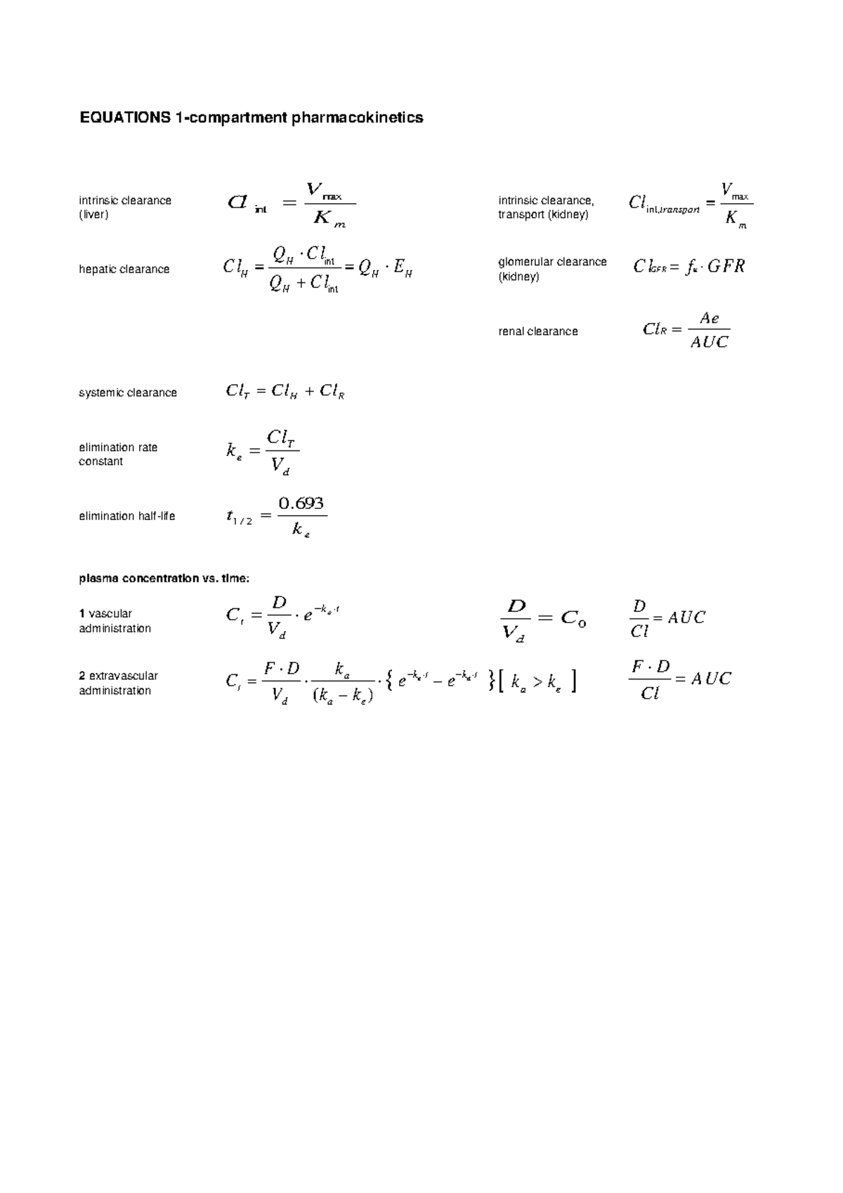 Formuleblad - EQUATIONS 1-compartment pharmacokinetics intrinsic ...