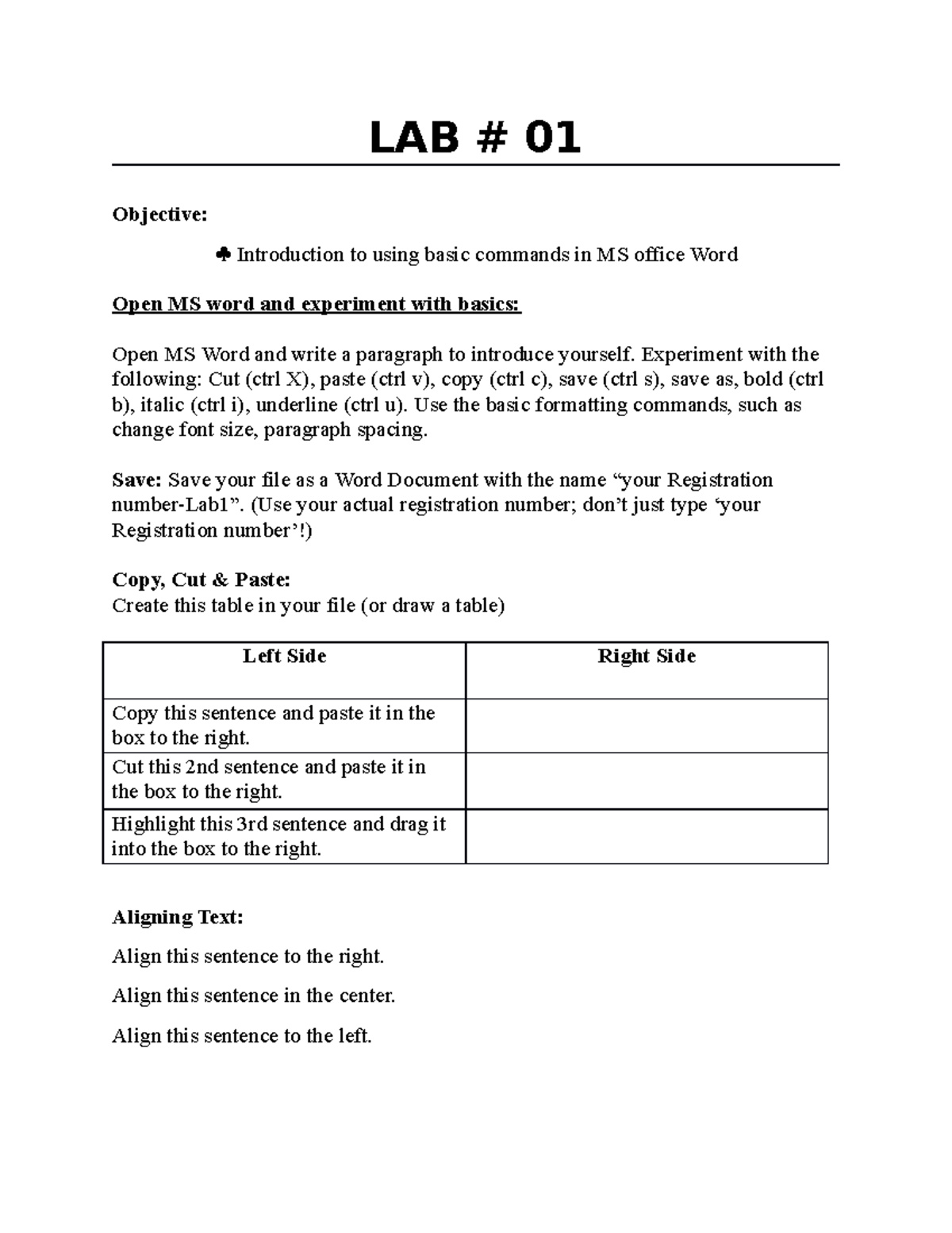 Lab 1 - lecture of ict - LAB # 01 Objective: Introduction to using basic commands in MS office ...
