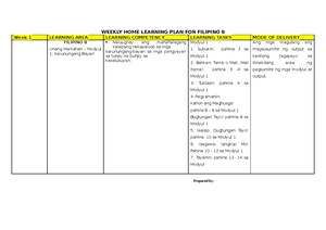 Weekly Learning Plan Filipino 8 - WEEKLY LEARNING PLAN Quarter: Ikaapat ...