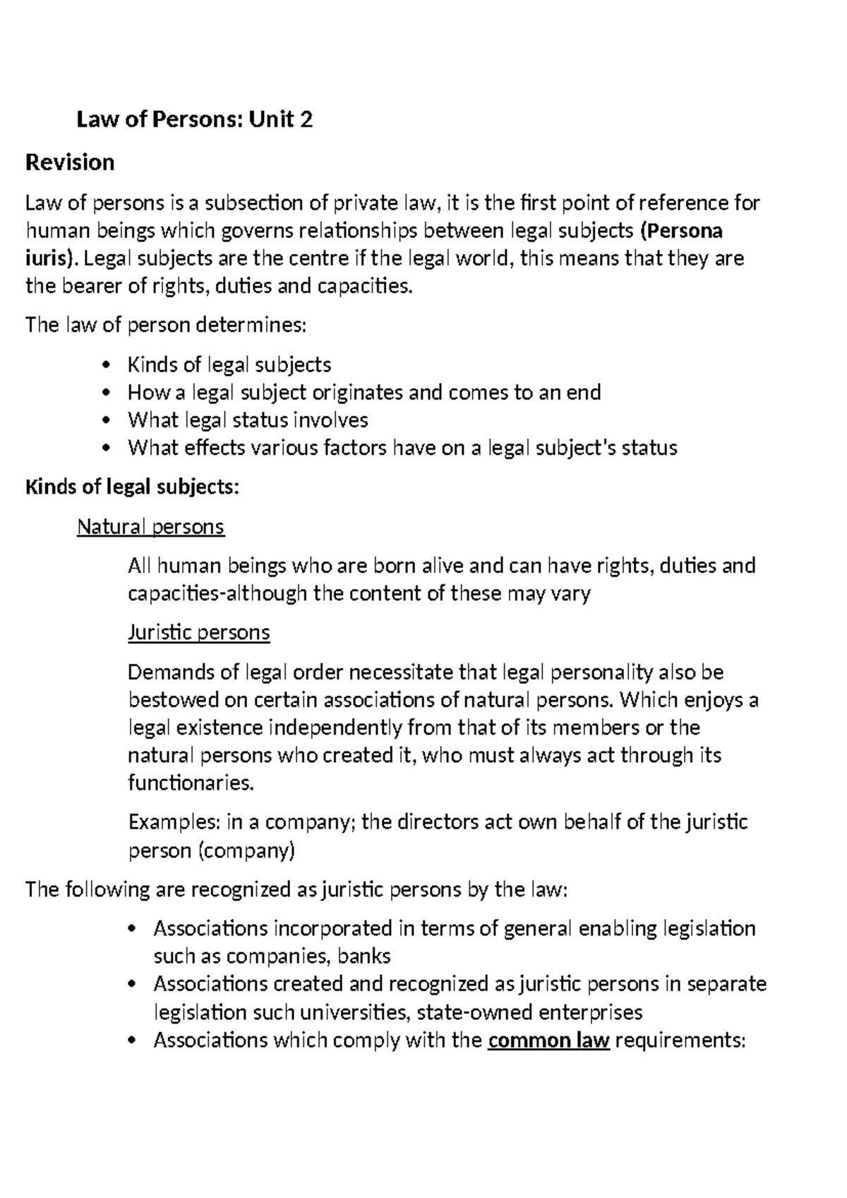 PVL Units Revision - Summary Law of Persons - Law of Persons: Unit 2 ...