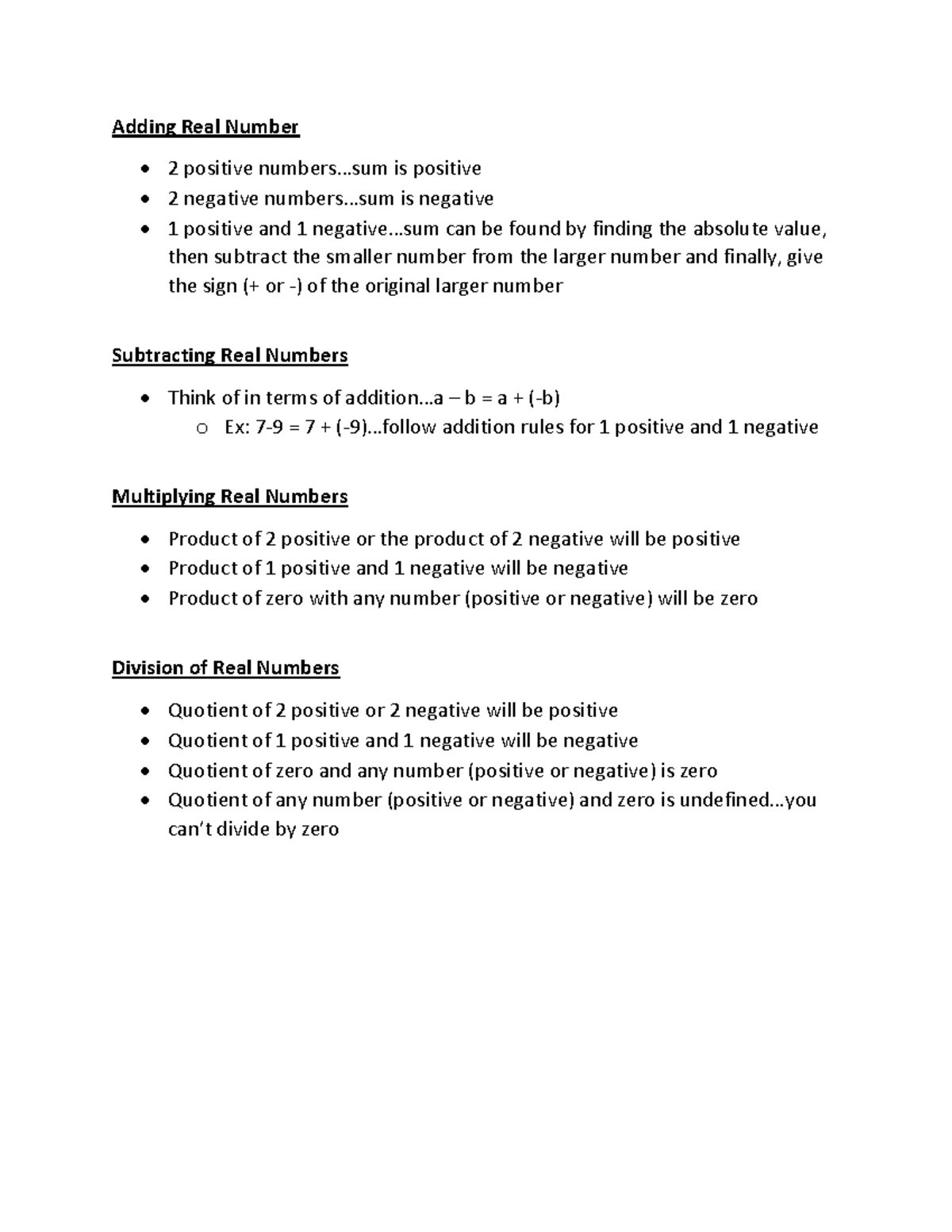 Adding subtracting multiplying and dividing Real Number for MATH099 ...