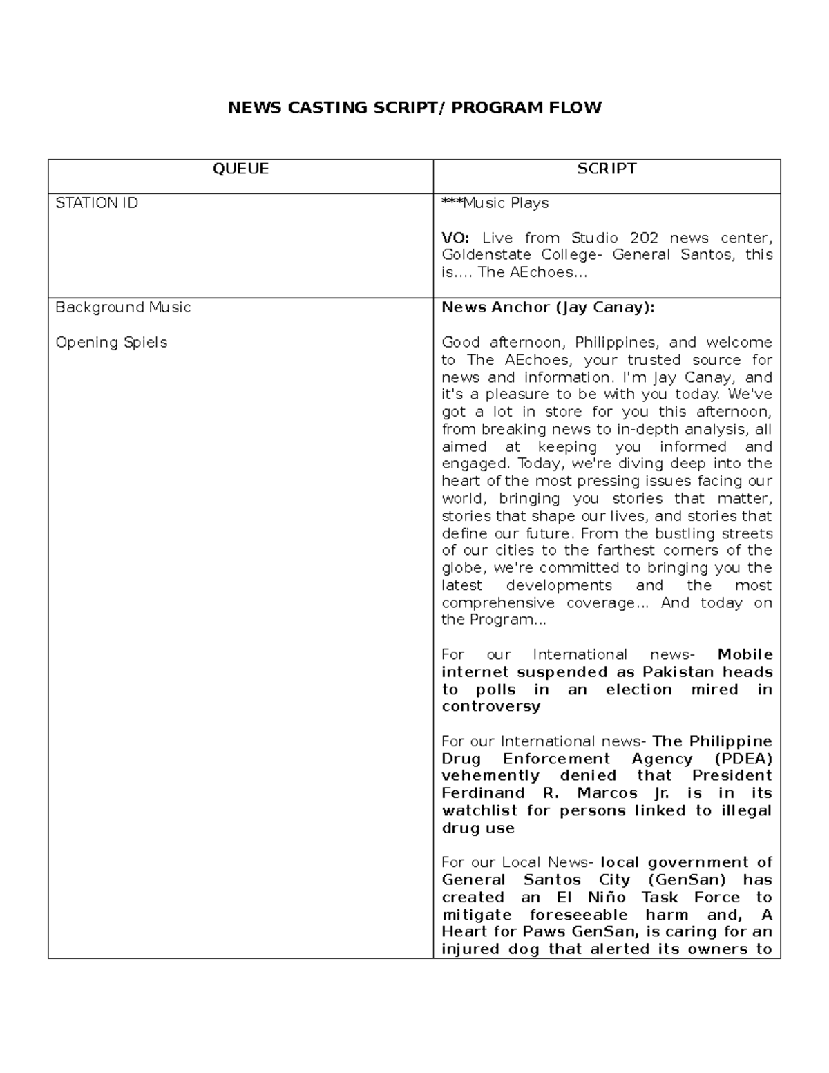 NEWS- Casting- Script - NEWS CASTING SCRIPT/ PROGRAM FLOW QUEUE SCRIPT ...