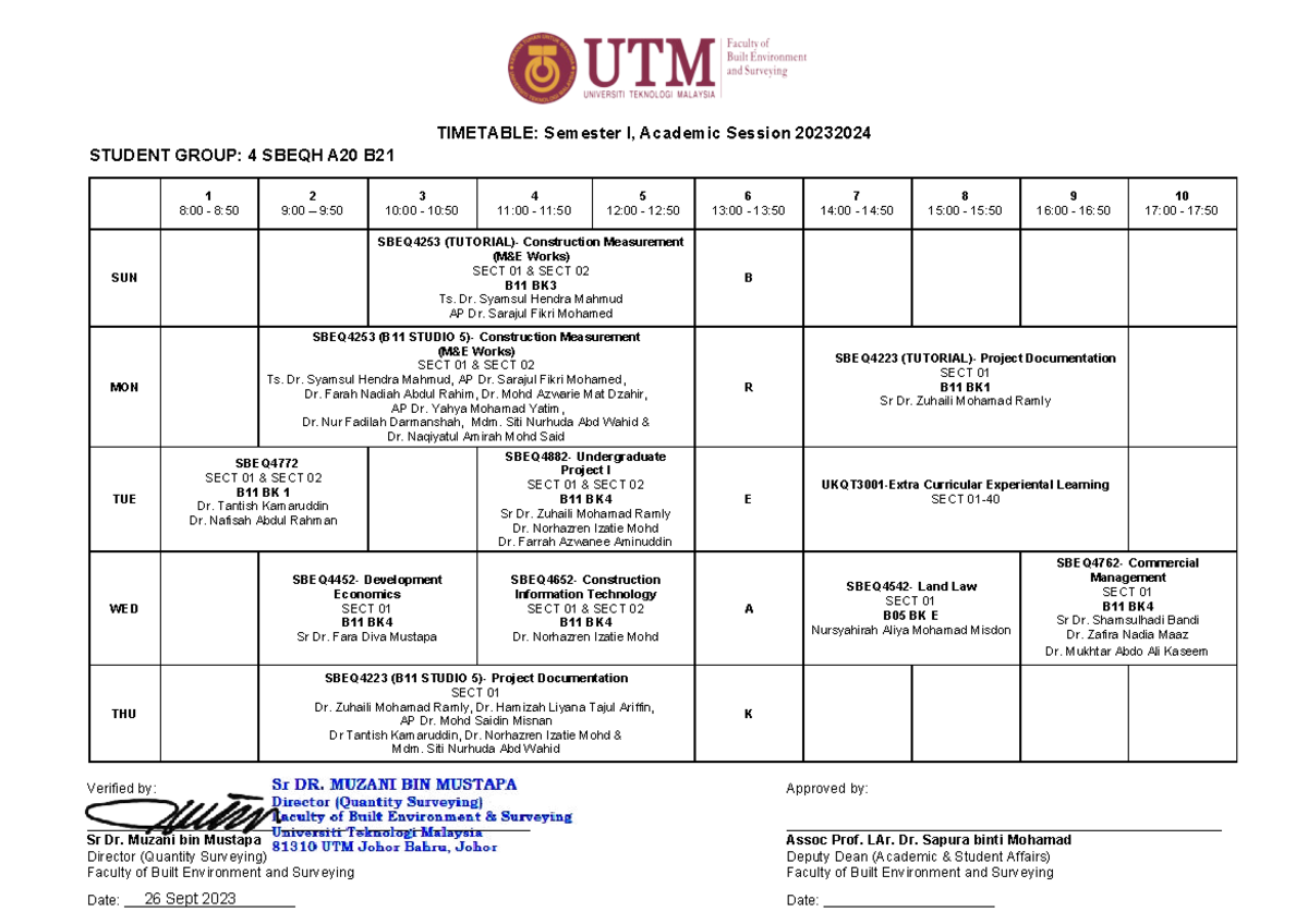 Timetable 20232024-1 - TIMETABLE: Semester I, Academic Session 20232024 ...
