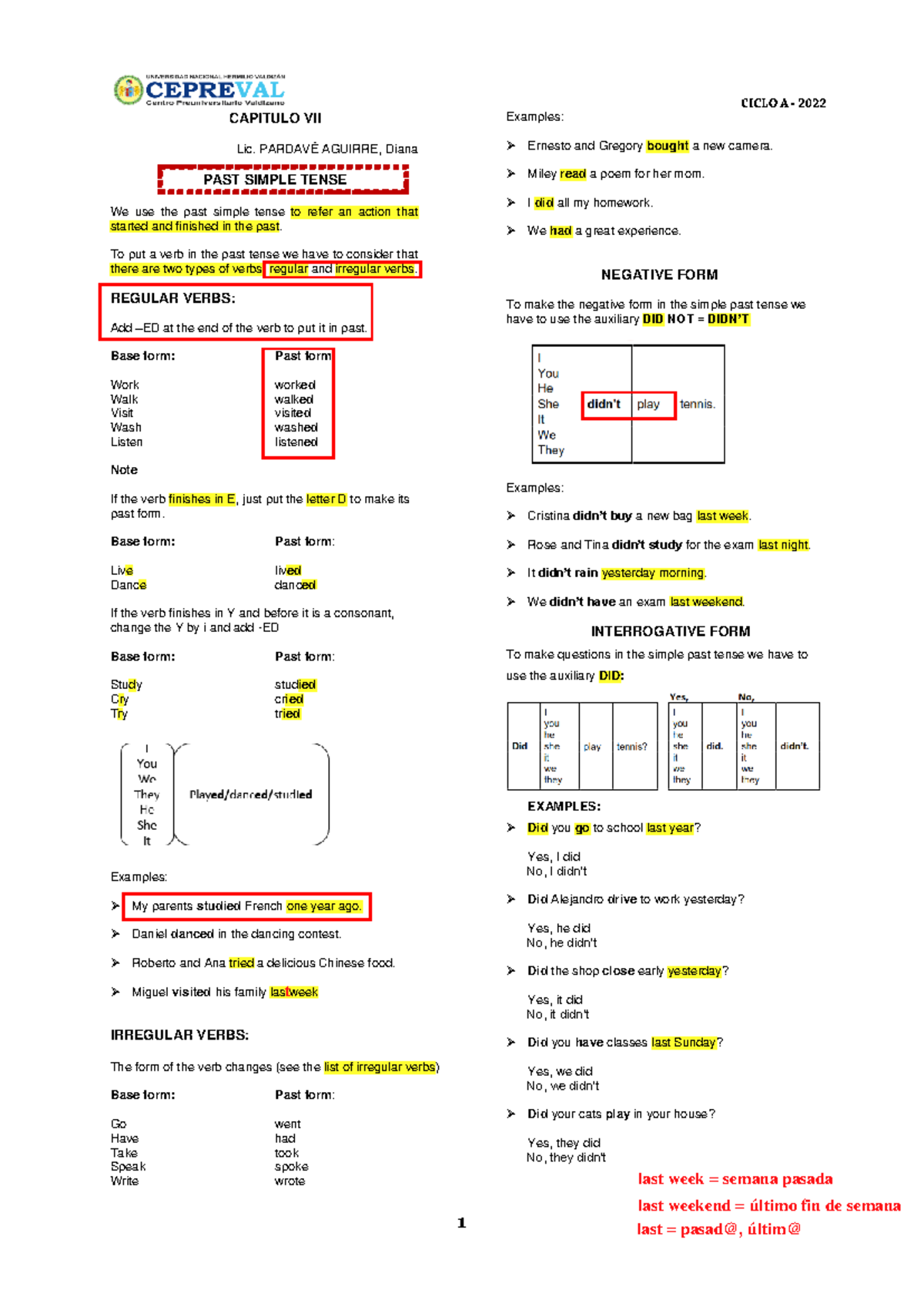 07 The Past Simple 401 - apuntes para clase preuniversitario - 1 ...
