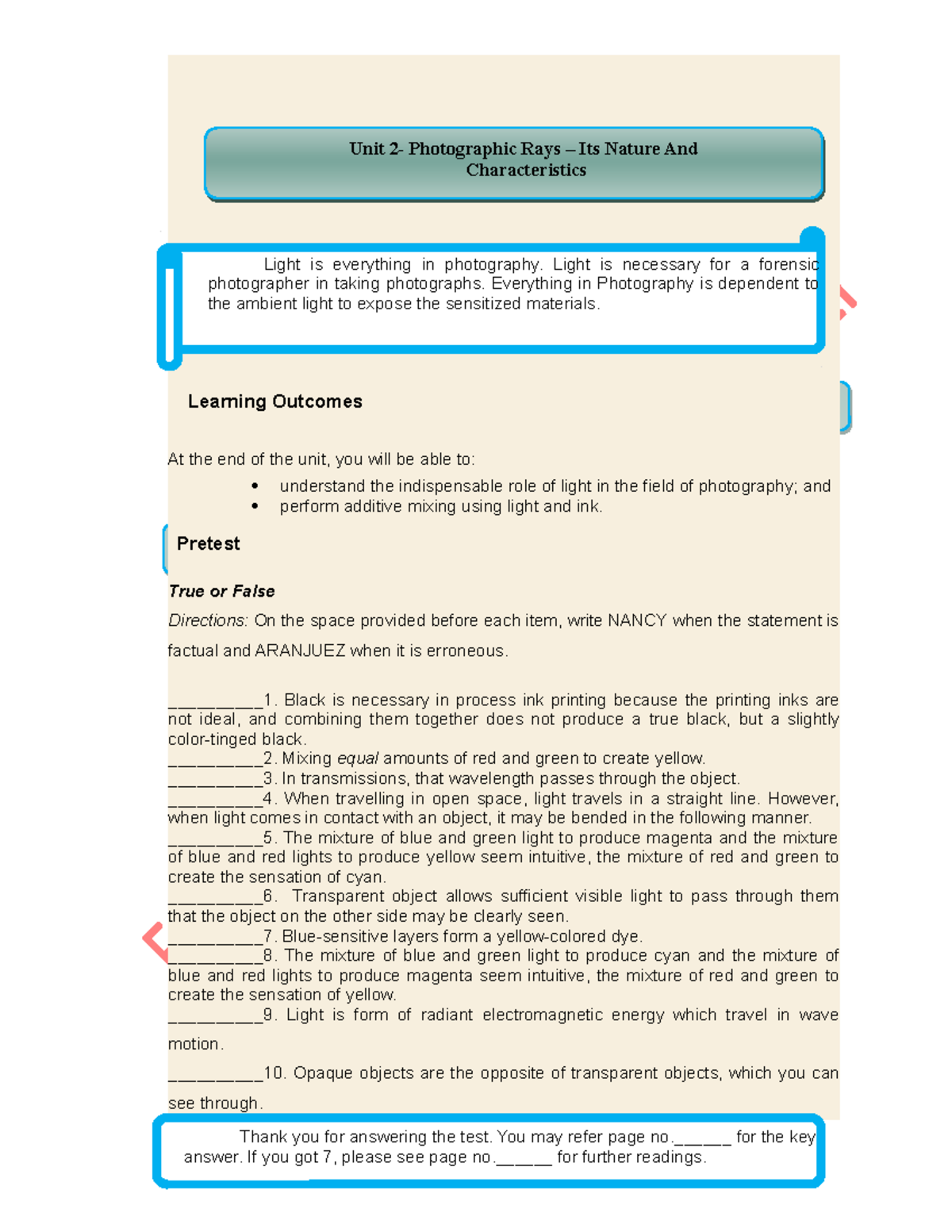UNIT 2 Final Photography Module - At the end of the unit, you will be ...