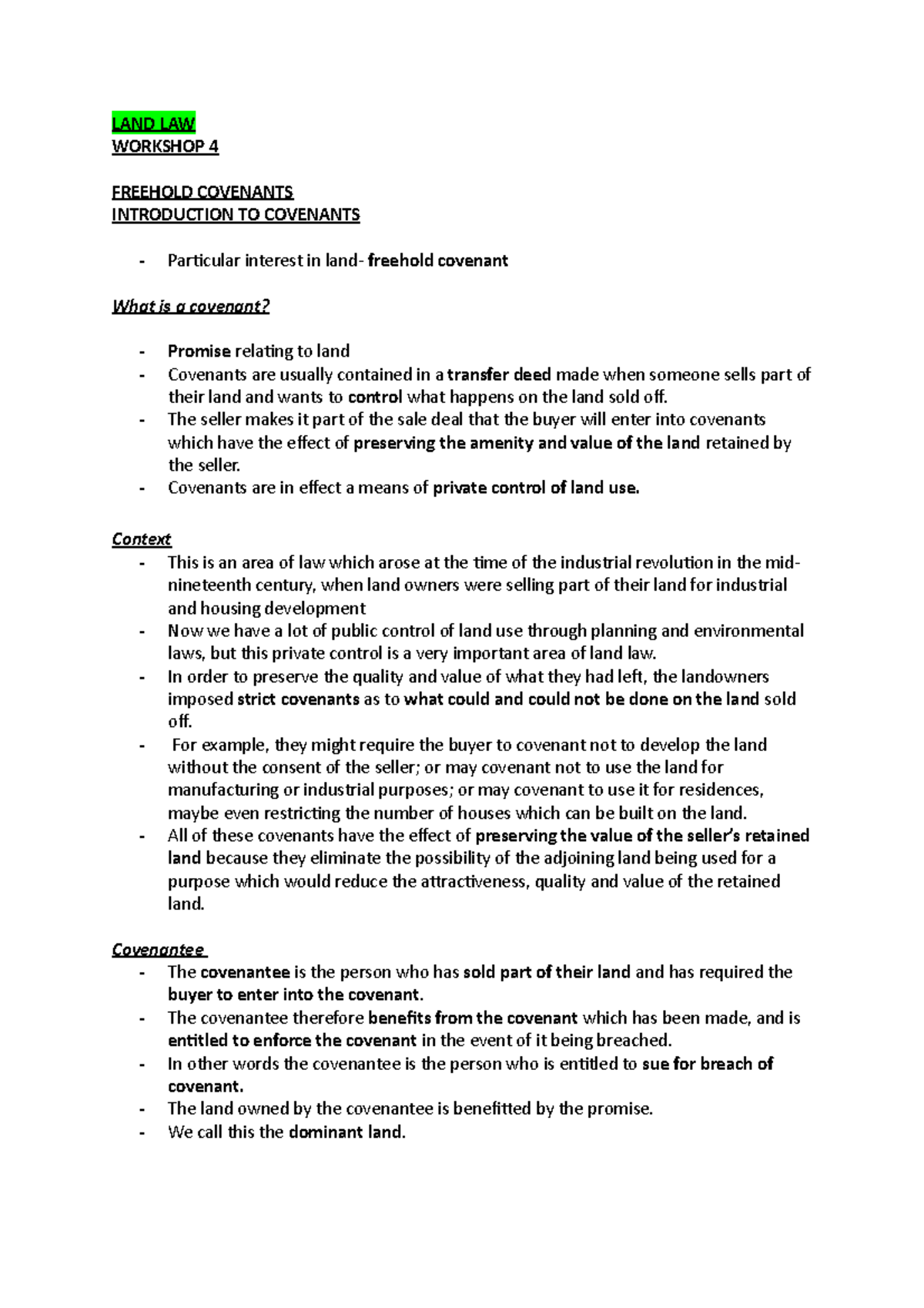 Introduction TO Covenants - LAND LAW WORKSHOP 4 FREEHOLD COVENANTS ...