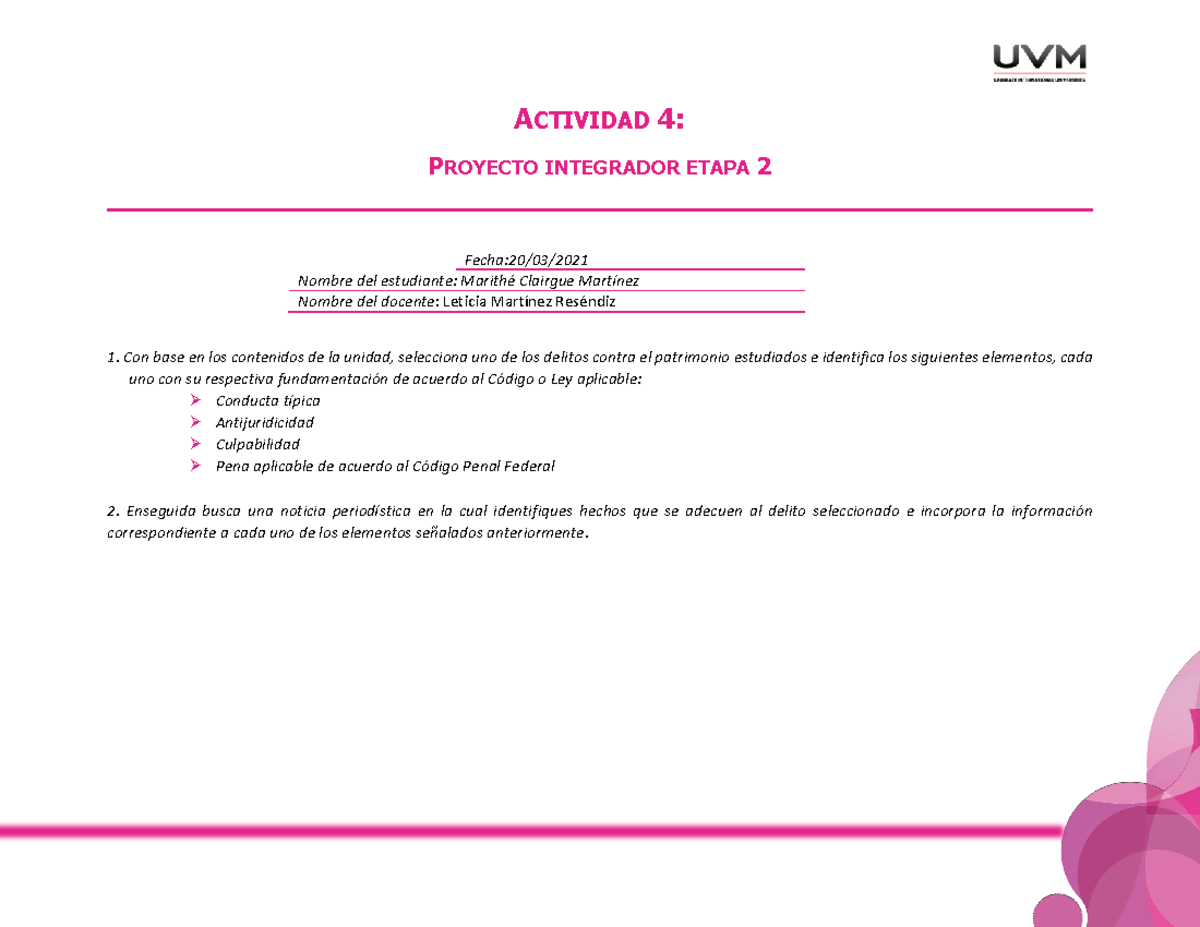 Actividad 4 Proyecto Integrador Etapa 2 MCM - ACTIVIDAD 4: PROYECTO INTEGRADOR ETAPA 2 Fecha: 20 ...