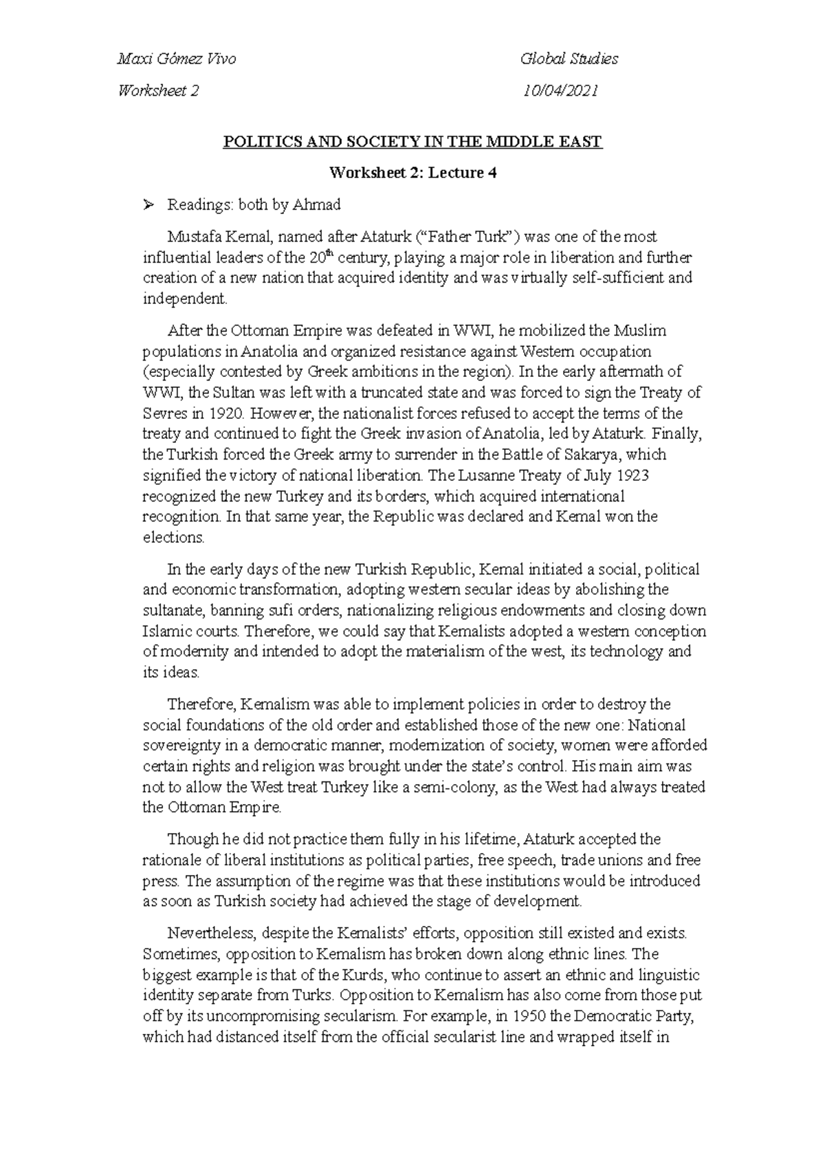 POLITICS AND SOCIETY IN THE MIDDLE EAST: worksheet 2 - RGST 140B - UC ...