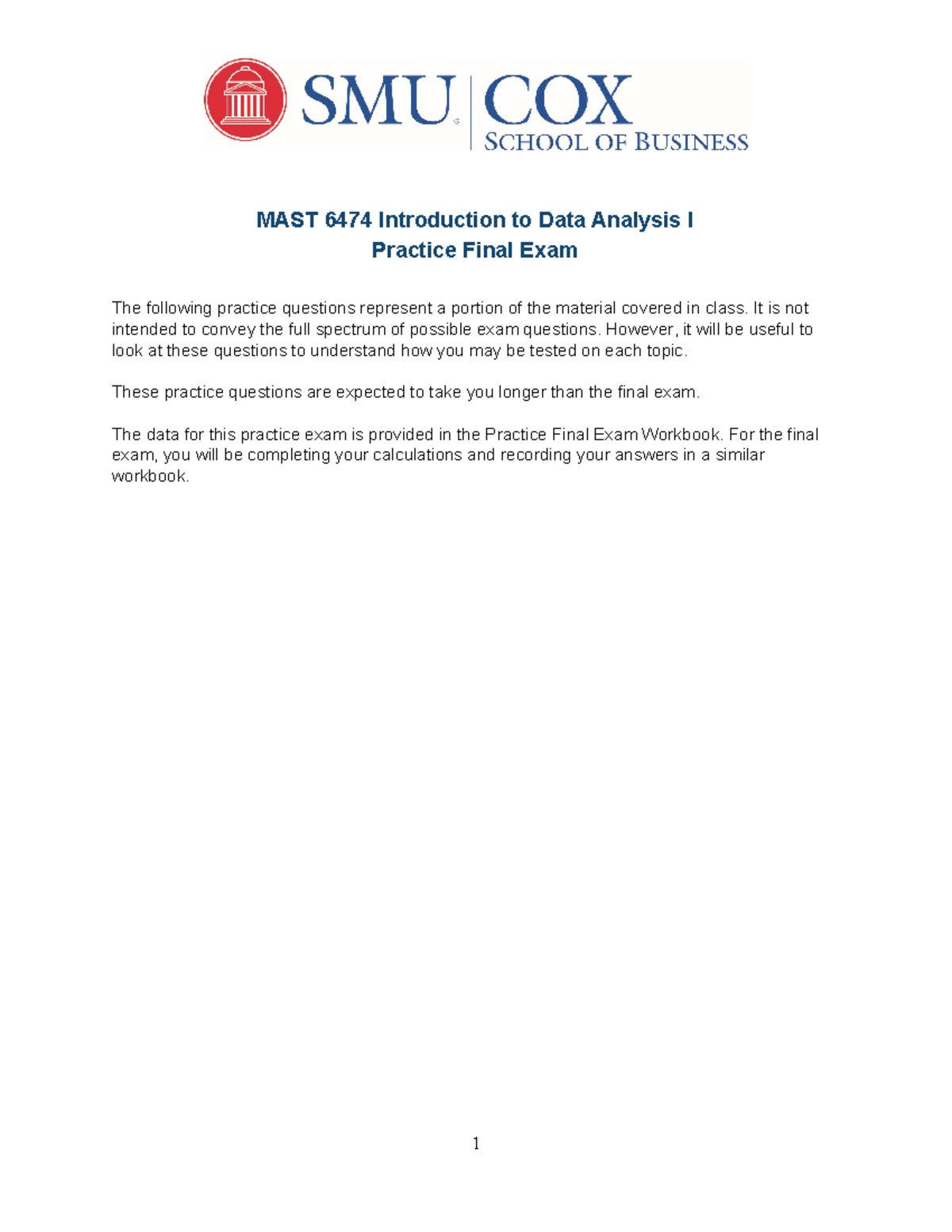 14 practice final exam - data - MAST 6474 Introduction to Data Analysis ...