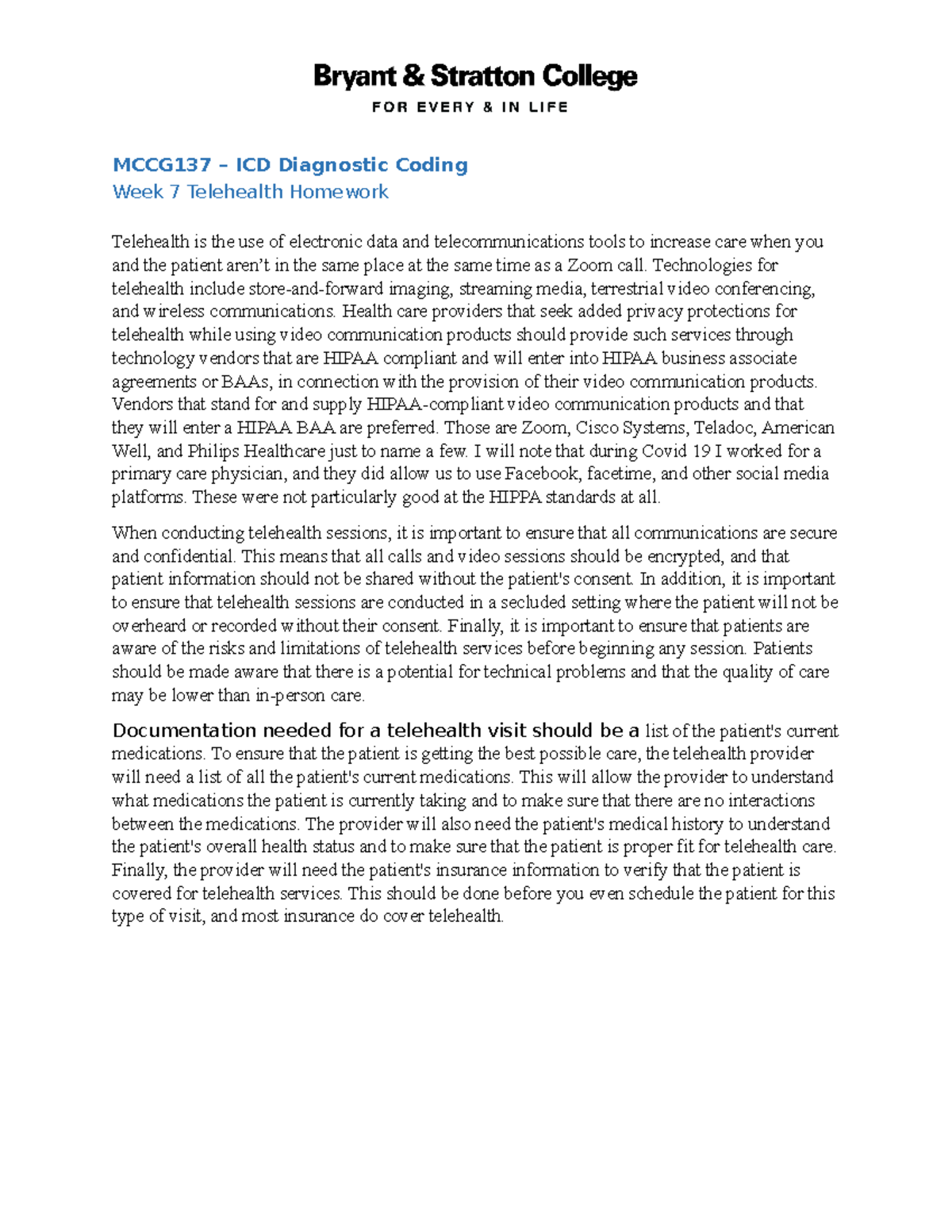 Week 7 Telehealth Homework - MCCG137 – ICD Diagnostic Coding Week 7 Telehealth Homework ...